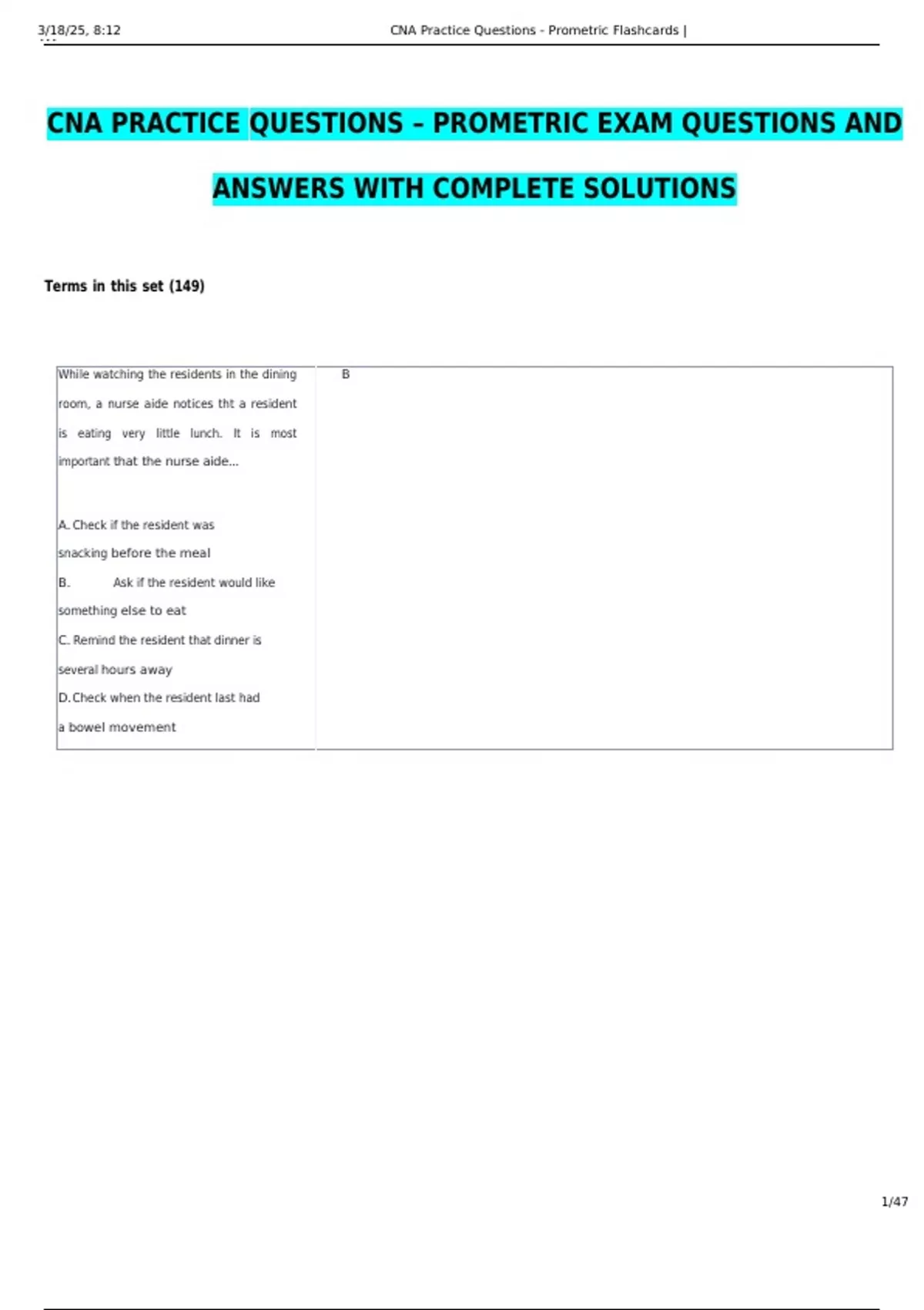 CNA PRACTICE QUESTIONS – PROMETRIC EXAM QUESTIONS AND ANSWERS WITH ...