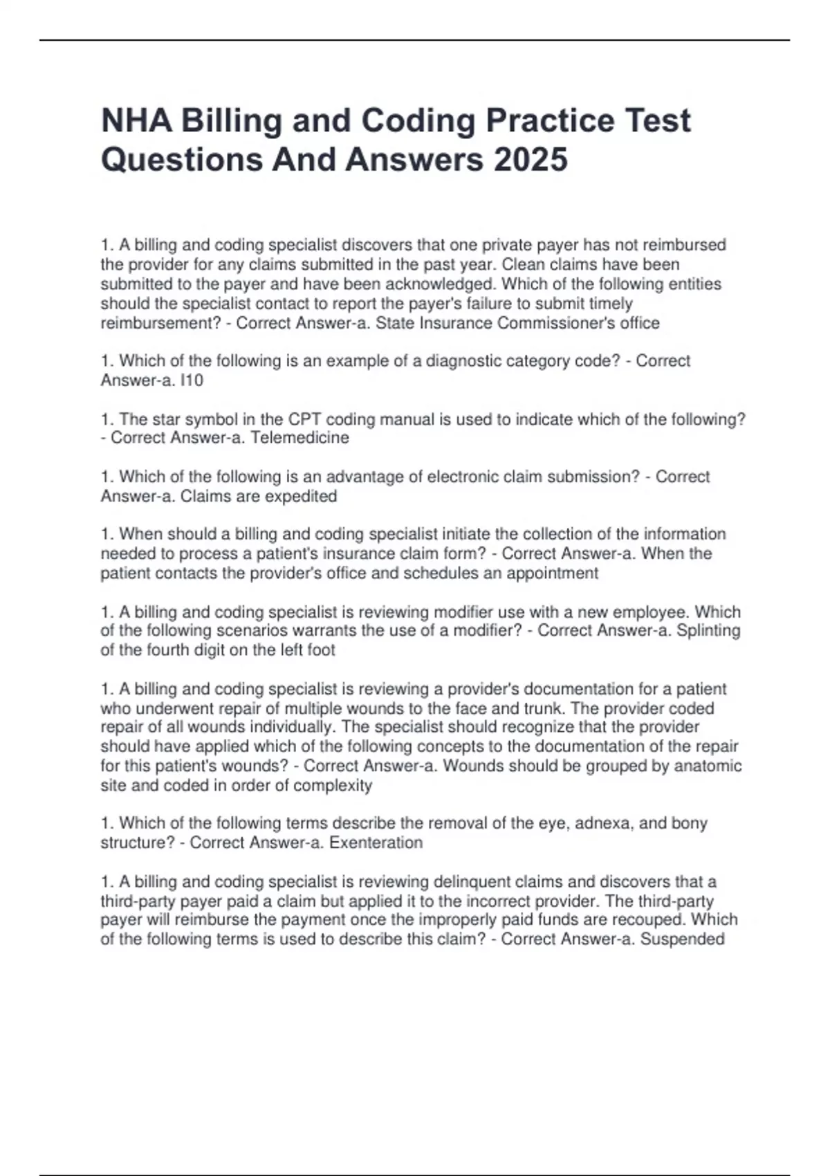 NHA Billing and Coding Practice Test Questions And Answers 2025 - NHA ...