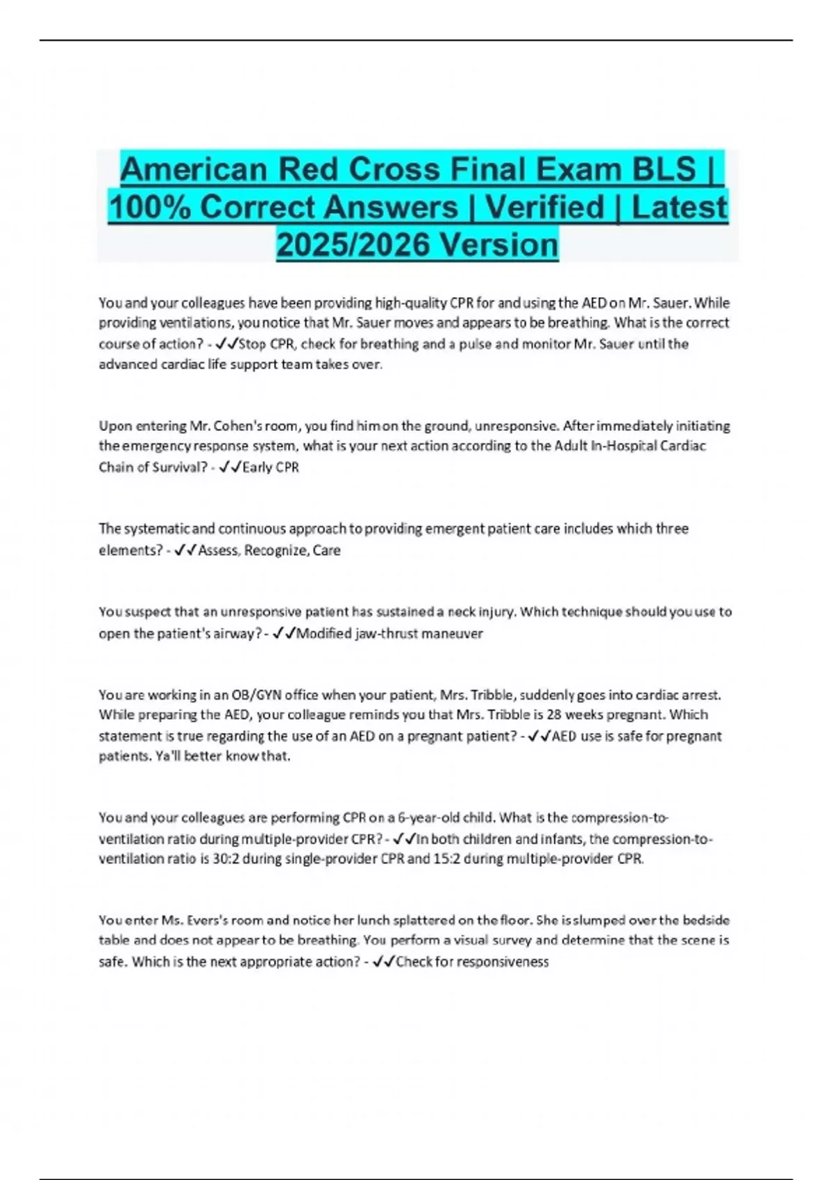 American Red Cross Final Exam BLS | 100% Correct Answers | Verified ...