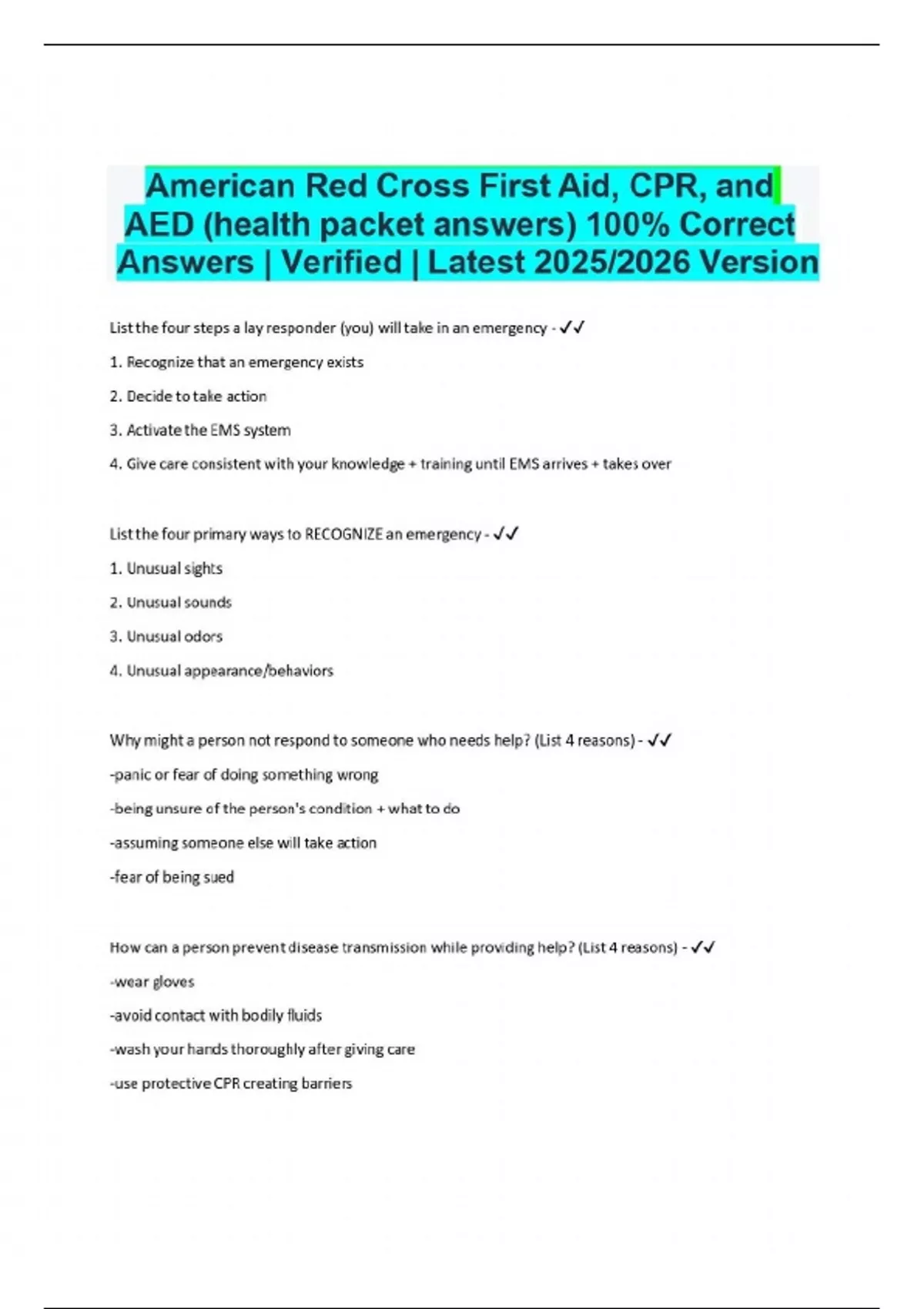 American Red Cross First Aid, CPR, and AED (health packet answers) 100% ...