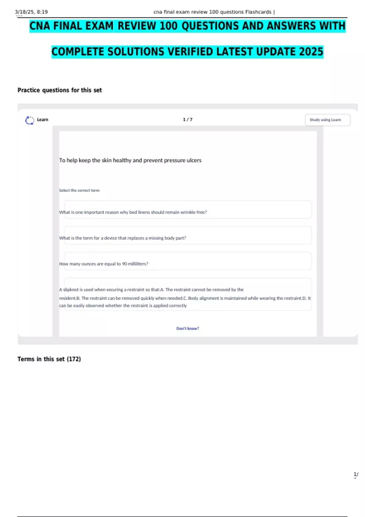 CNA FINAL EXAM REVIEW 100 QUESTIONS AND ANSWERS WITH COMPLETE SOLUTIONS ...