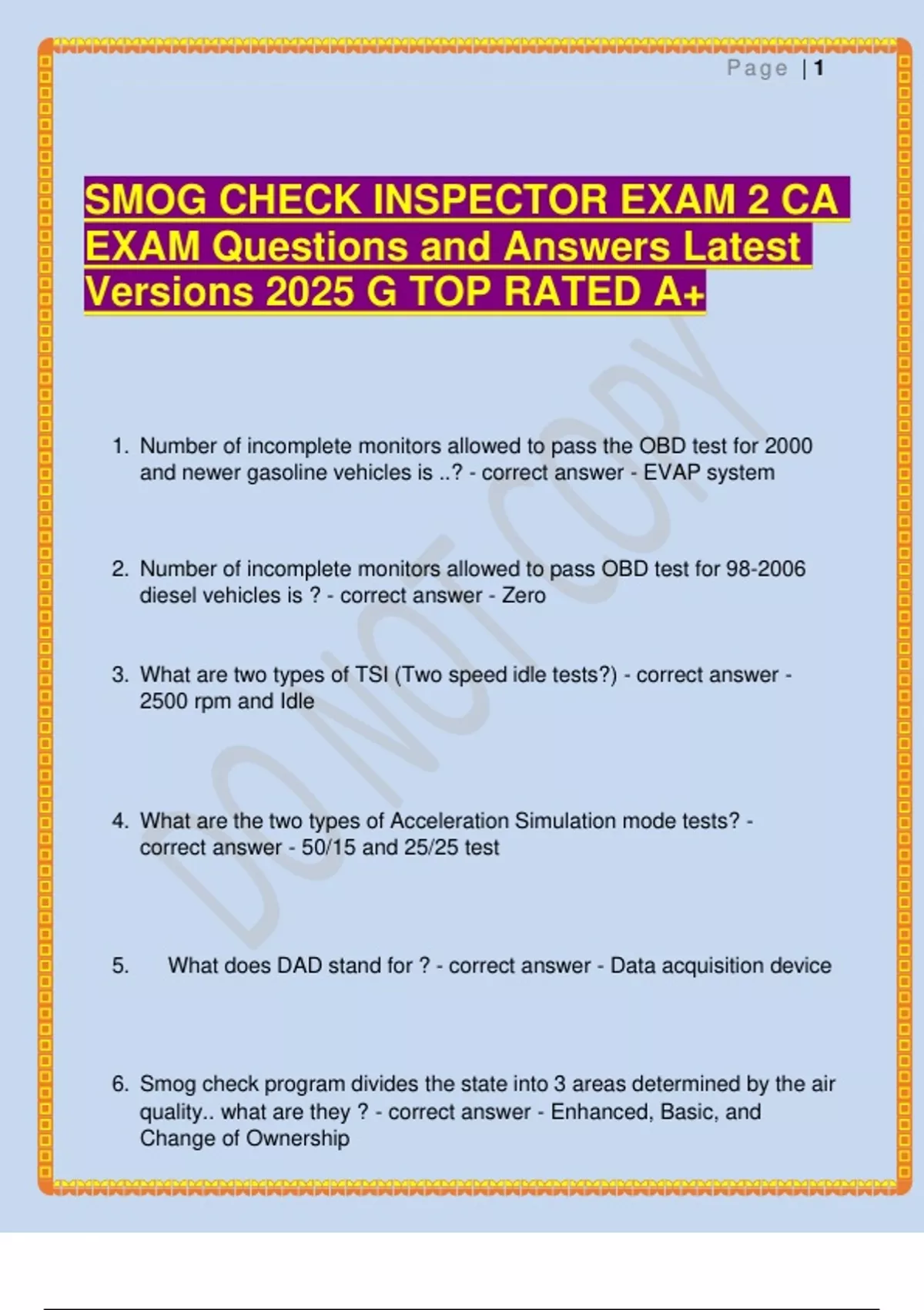 SMOG CHECK INSPECTOR EXAM 2 CA EXAM Questions and Answers Latest ...
