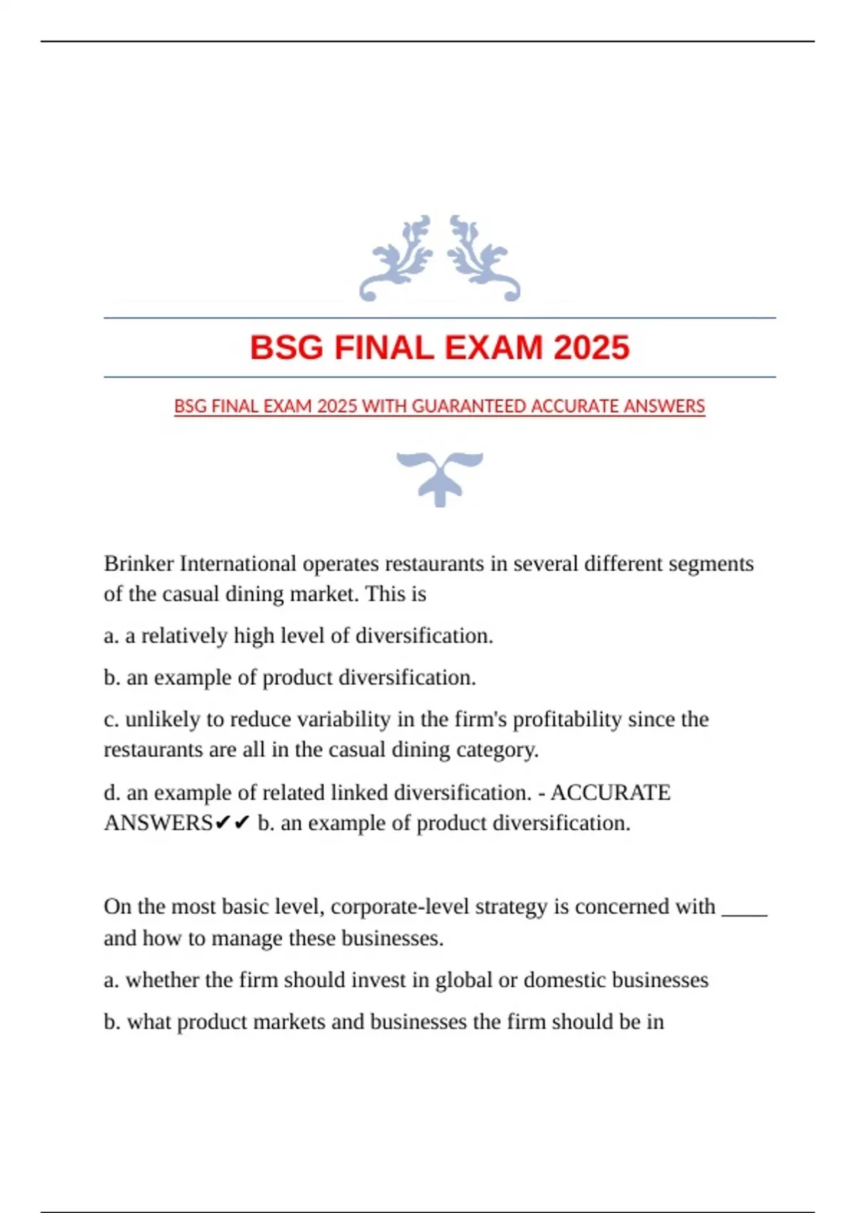 BSG FINAL EXAM 2025 WITH GUARANTEED ACCURATE ANSWERS - BSG - Stuvia US