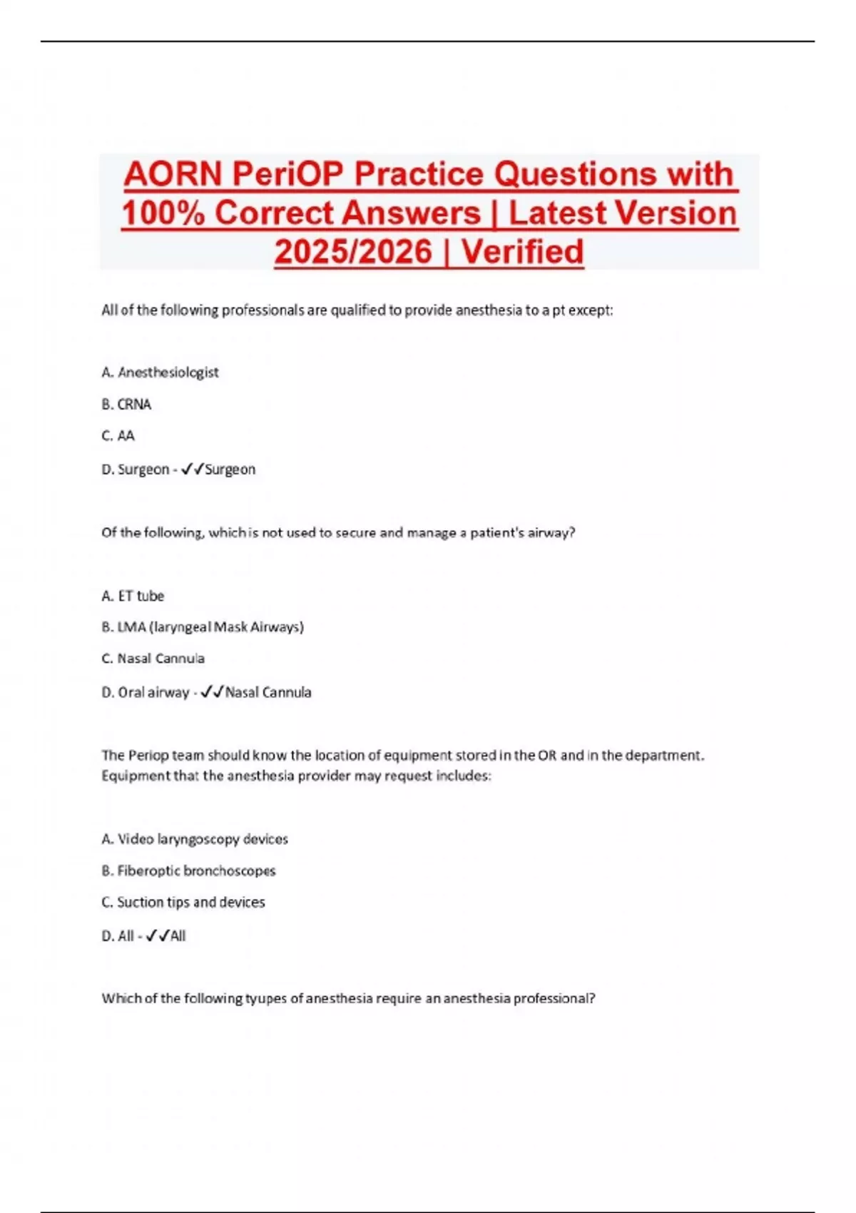 AORN PeriOP Practice Questions with 100% Correct Answers | Latest ...
