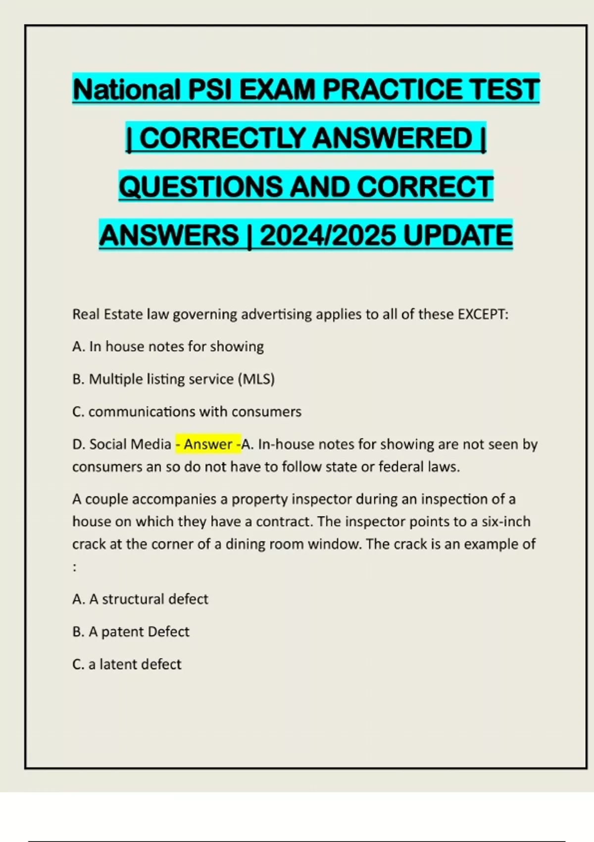 National PSI EXAM PRACTICE TEST | CORRECTLY ANSWERED | QUESTIONS AND ...