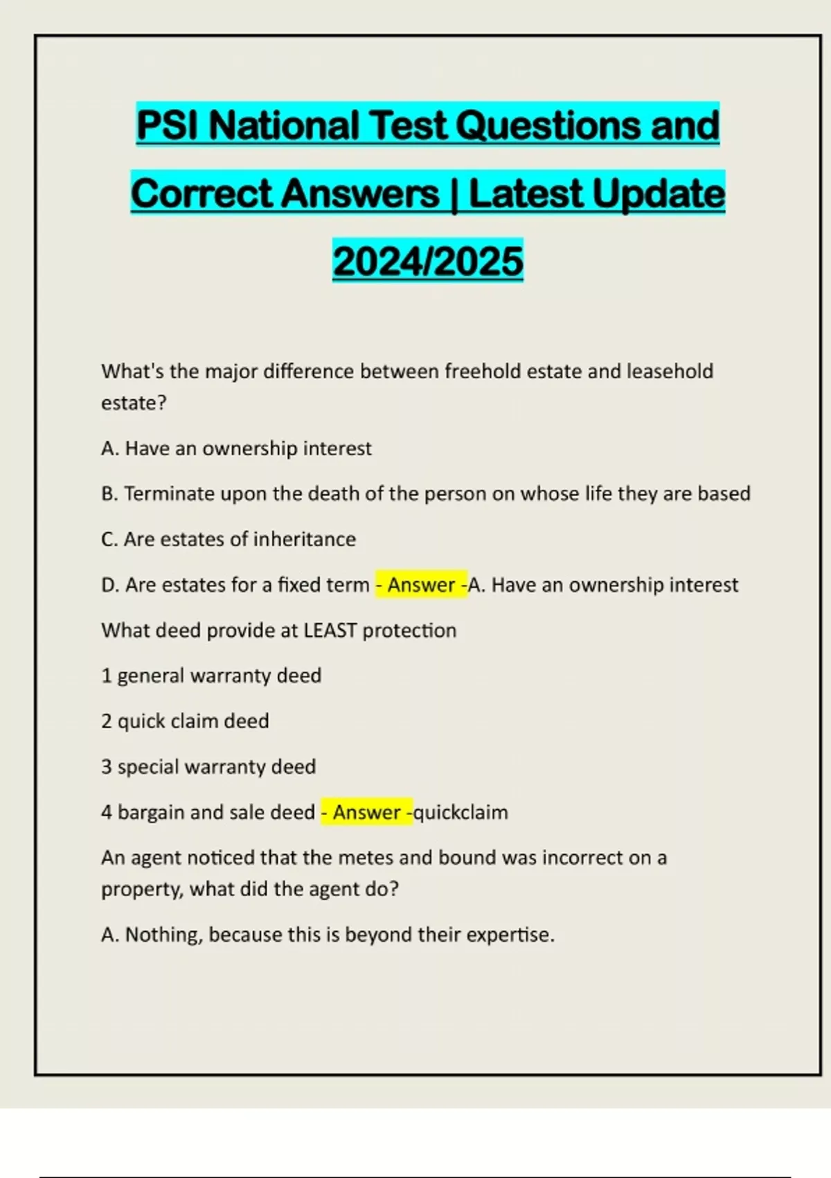 PSI National Test Questions and Correct Answers | Latest Update 2024/ ...