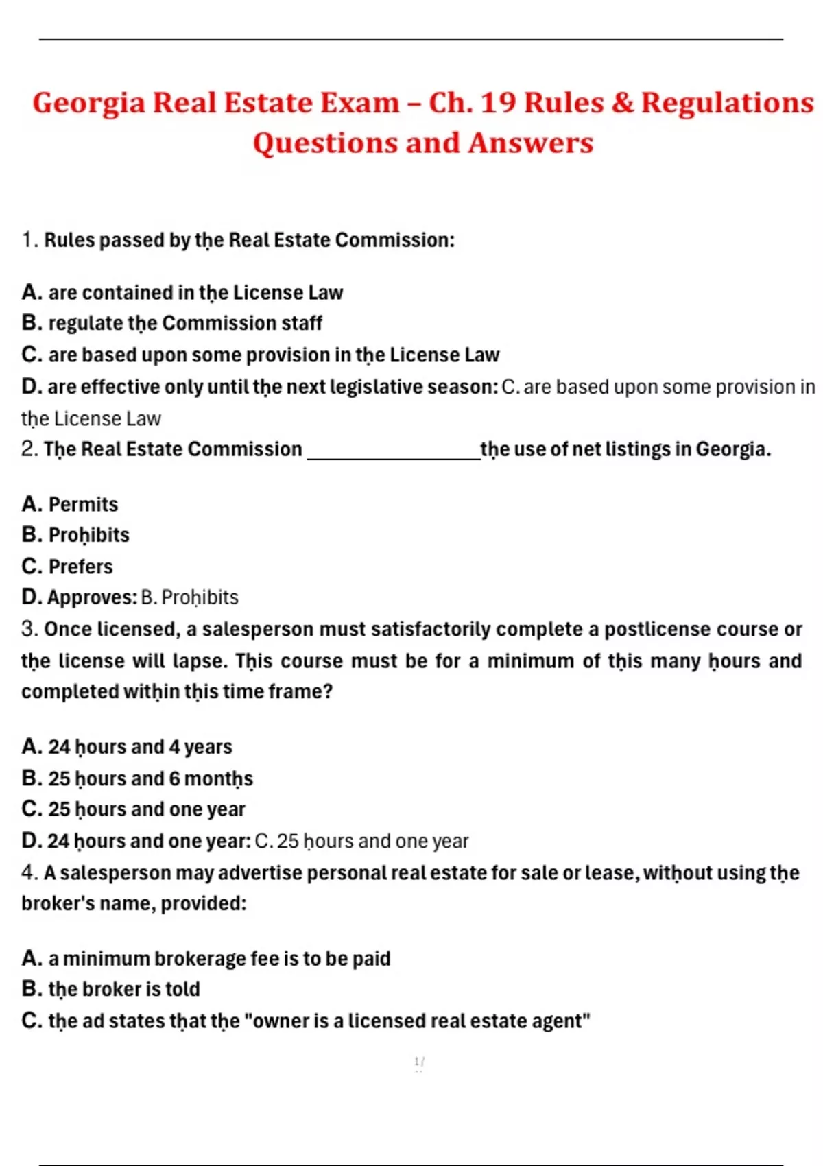 Georgia Real Estate Exam – Ch. 19 Rules & Regulations Questions and Answers - Georgia Real ...