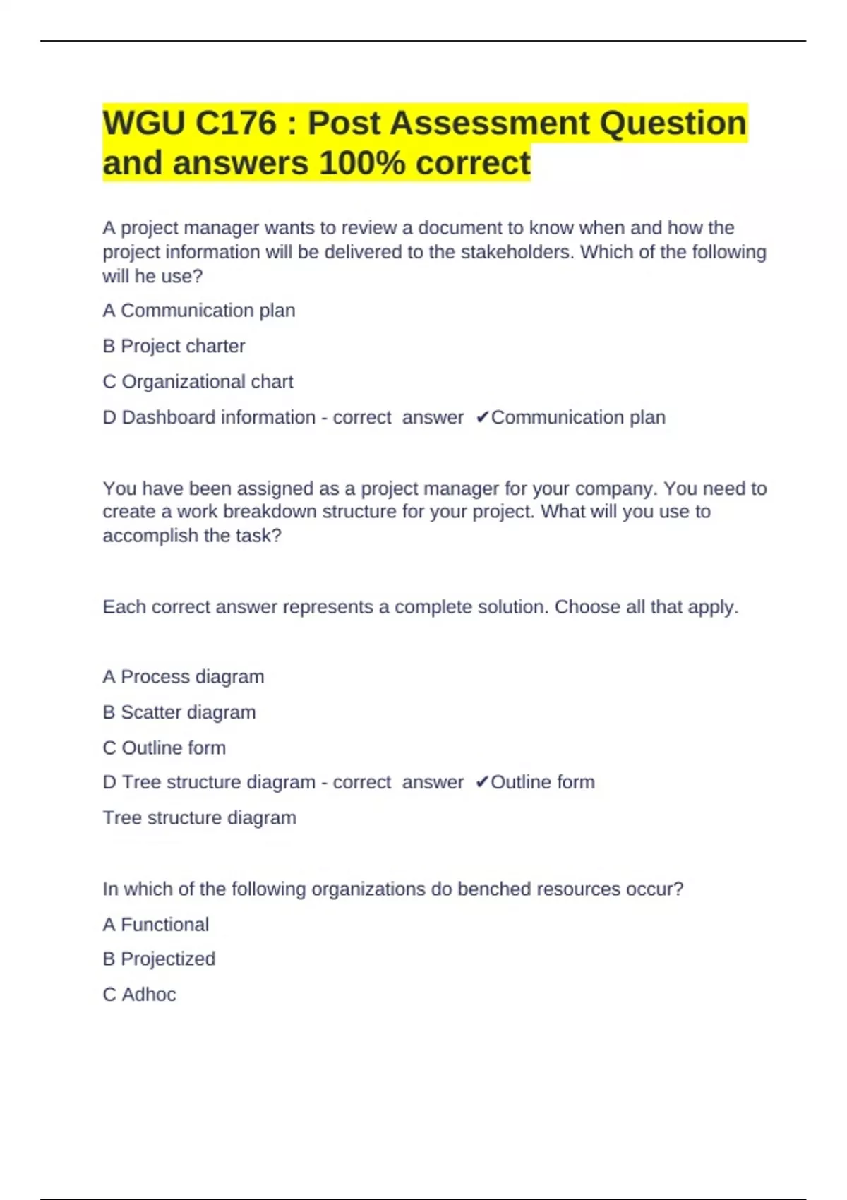 WGU C176 : Post Assessment Question and answers 100% correct - WGU C176 ...