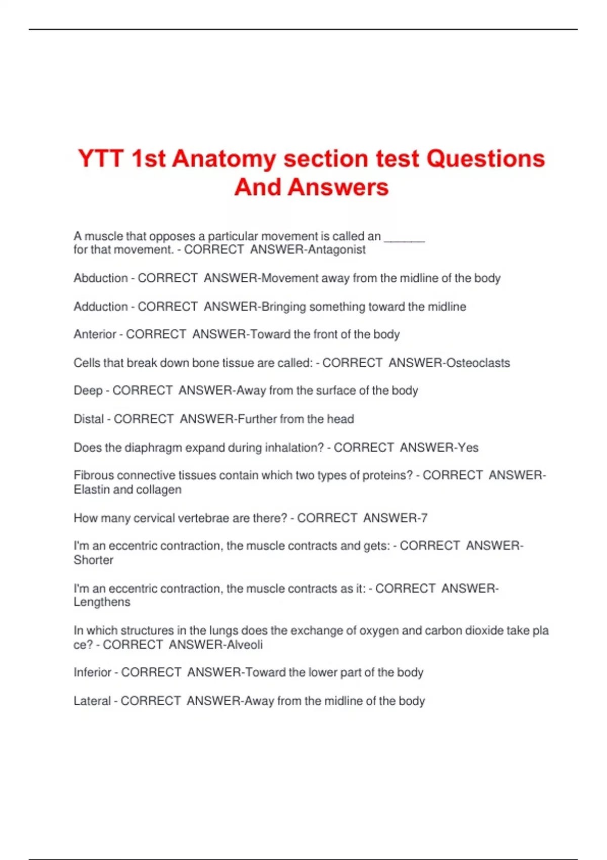 YTT 1st Anatomy section test Questions And Answers - YTT 1st Anatomy ...