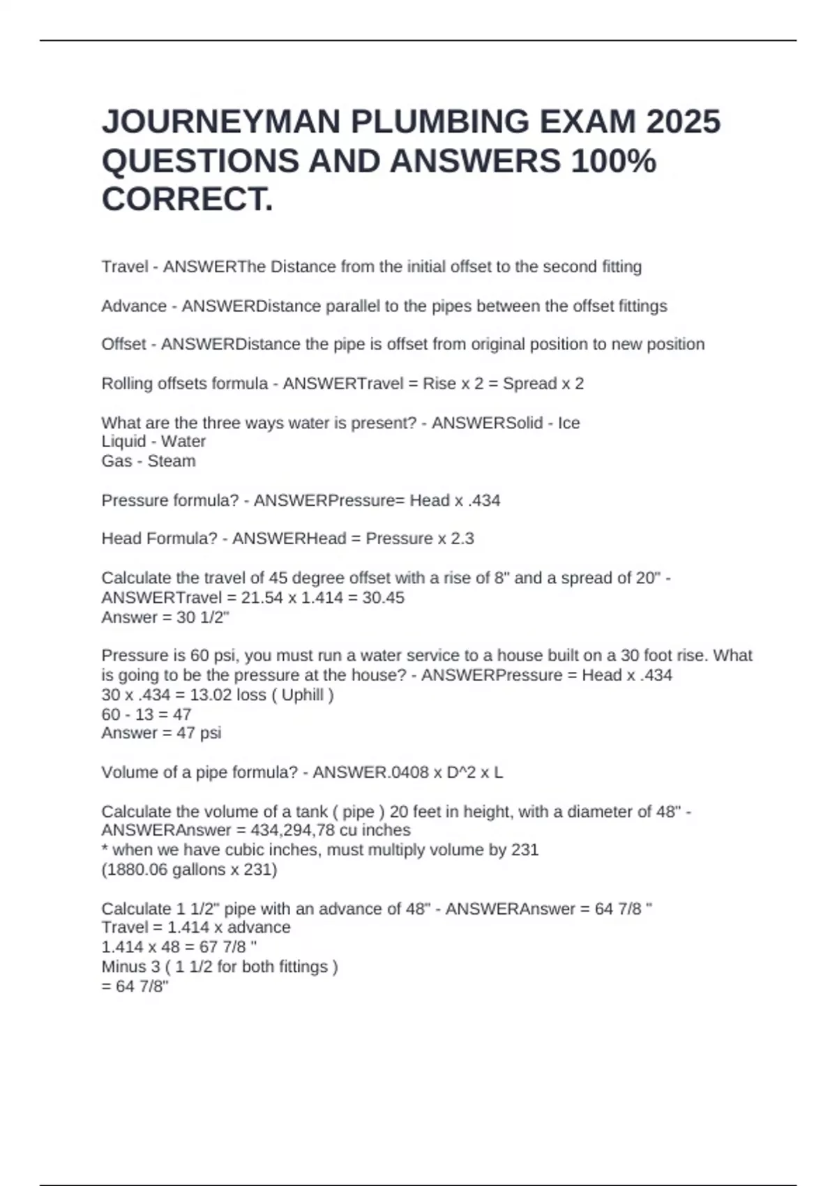 JOURNEYMAN PLUMBING EXAM 2025 QUESTIONS AND ANSWERS 100% CORRECT ...