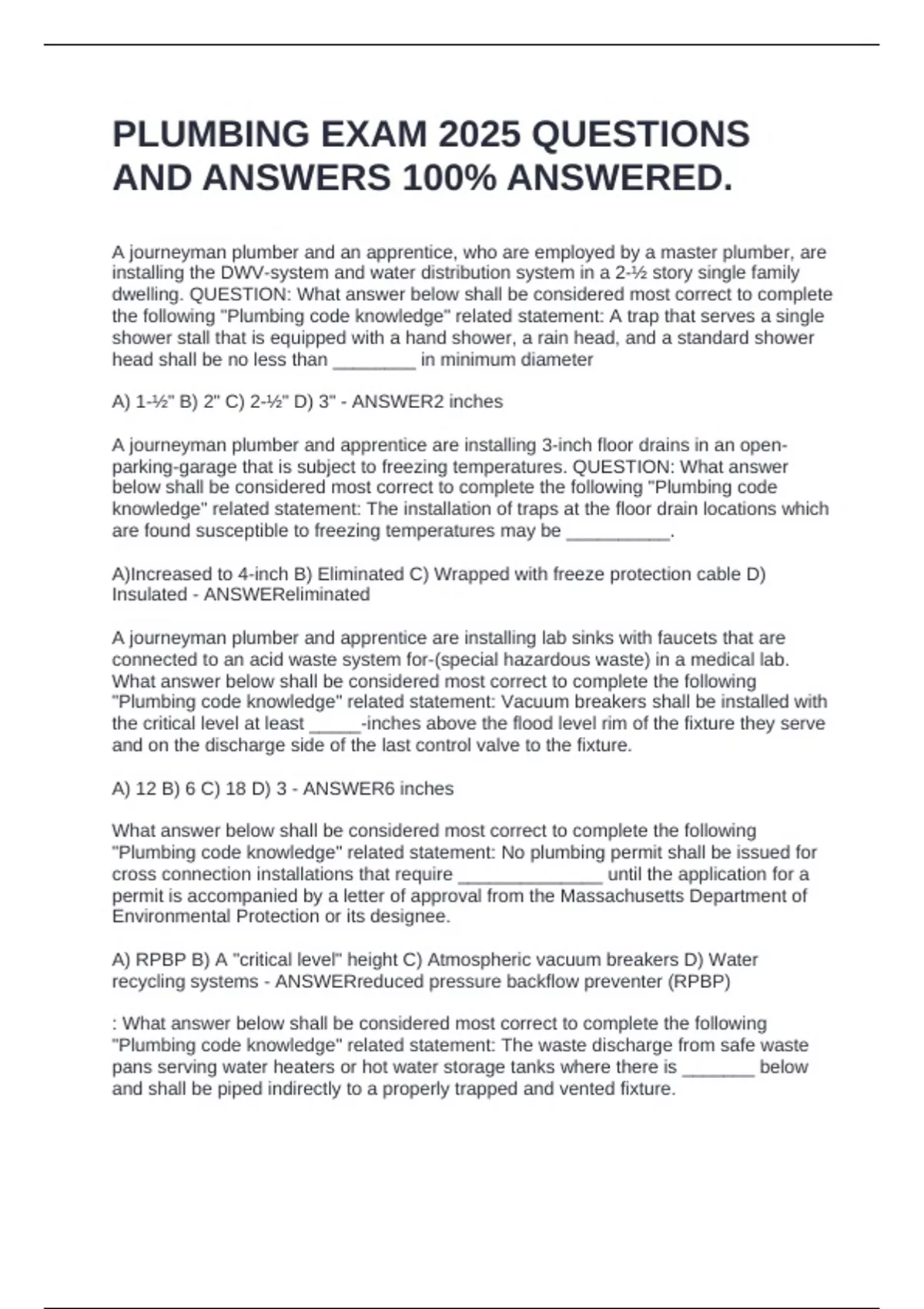 PLUMBING EXAM 2025 QUESTIONS AND ANSWERS 100% ANSWERED. - PLUMBING ...