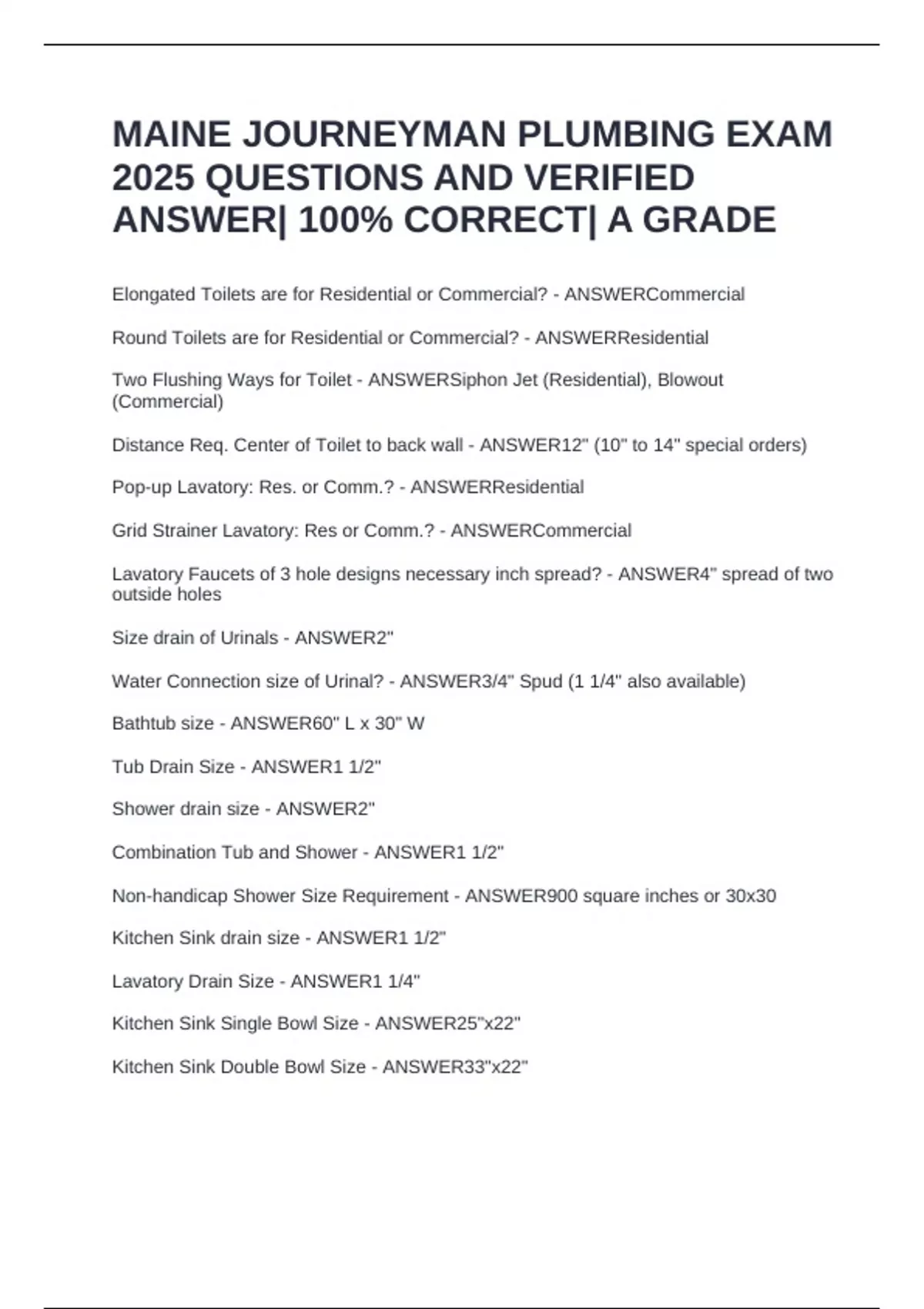 MAINE JOURNEYMAN PLUMBING EXAM 2025 QUESTIONS AND VERIFIED ANSWER| 100% ...