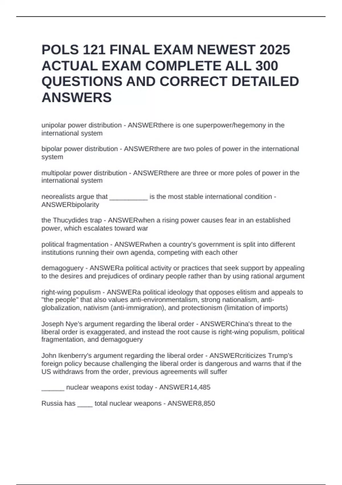 POLS 121 FINAL EXAM NEWEST 2025 ACTUAL EXAM COMPLETE ALL 300 QUESTIONS AND CORRECT DETAILED ...