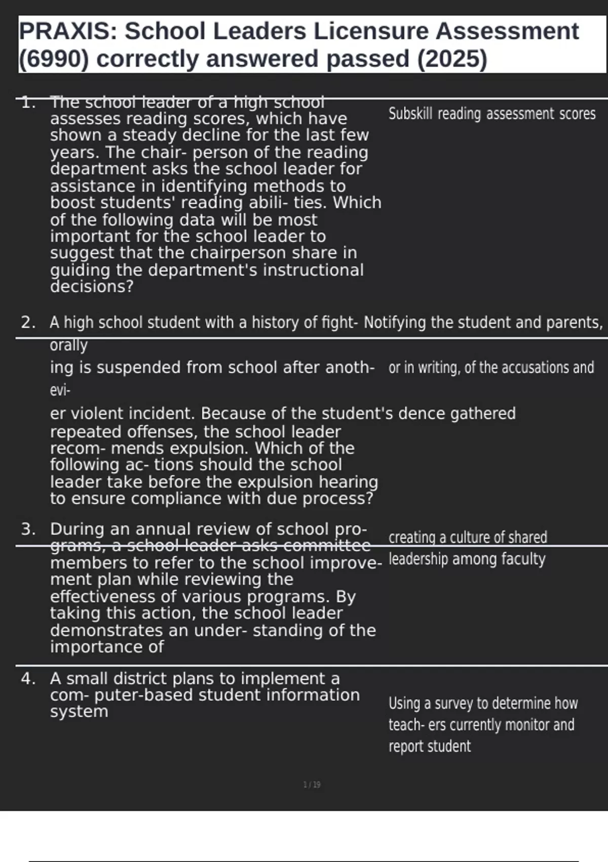 PRAXIS: School Leaders Licensure Assessment (6990) correctly answered ...