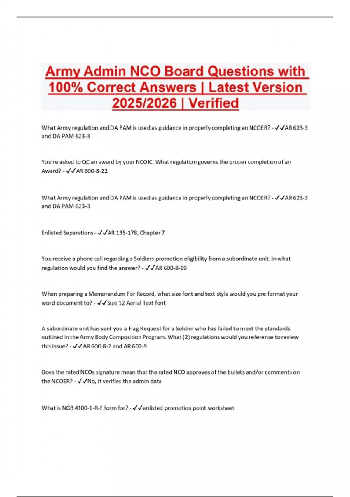 Army Admin NCO Board Questions with 100% Correct Answers | Latest ...