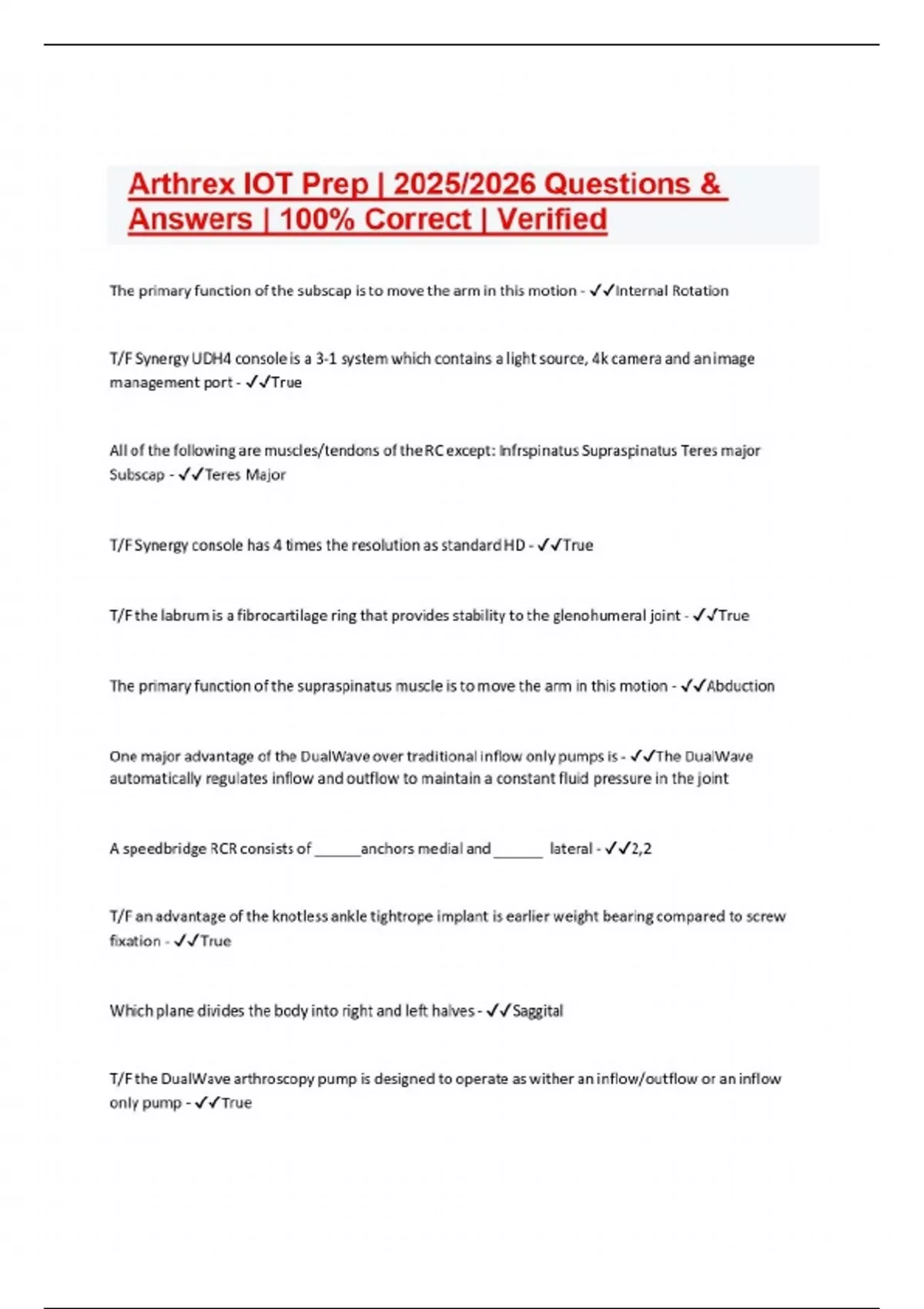 Arthrex IOT Prep | 2025/2026 Questions & Answers | 100% Correct | Verified - Arthrex IOT - Stuvia US