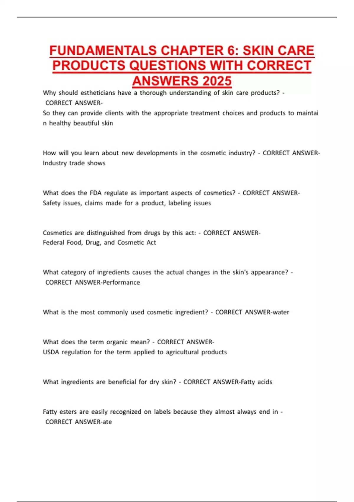 FUNDAMENTALS CHAPTER 6: SKIN CARE PRODUCTS QUESTIONS WITH CORRECT ANSWERS 2025 - Skin Care ...
