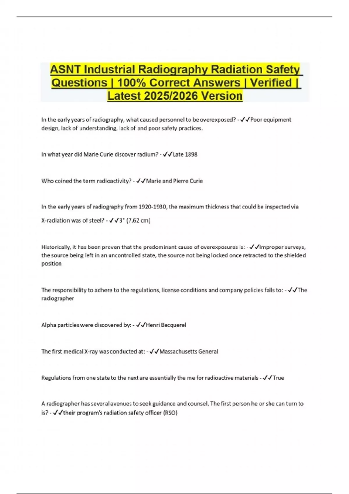 ASNT Industrial Radiography Radiation Safety Questions | 100% Correct ...