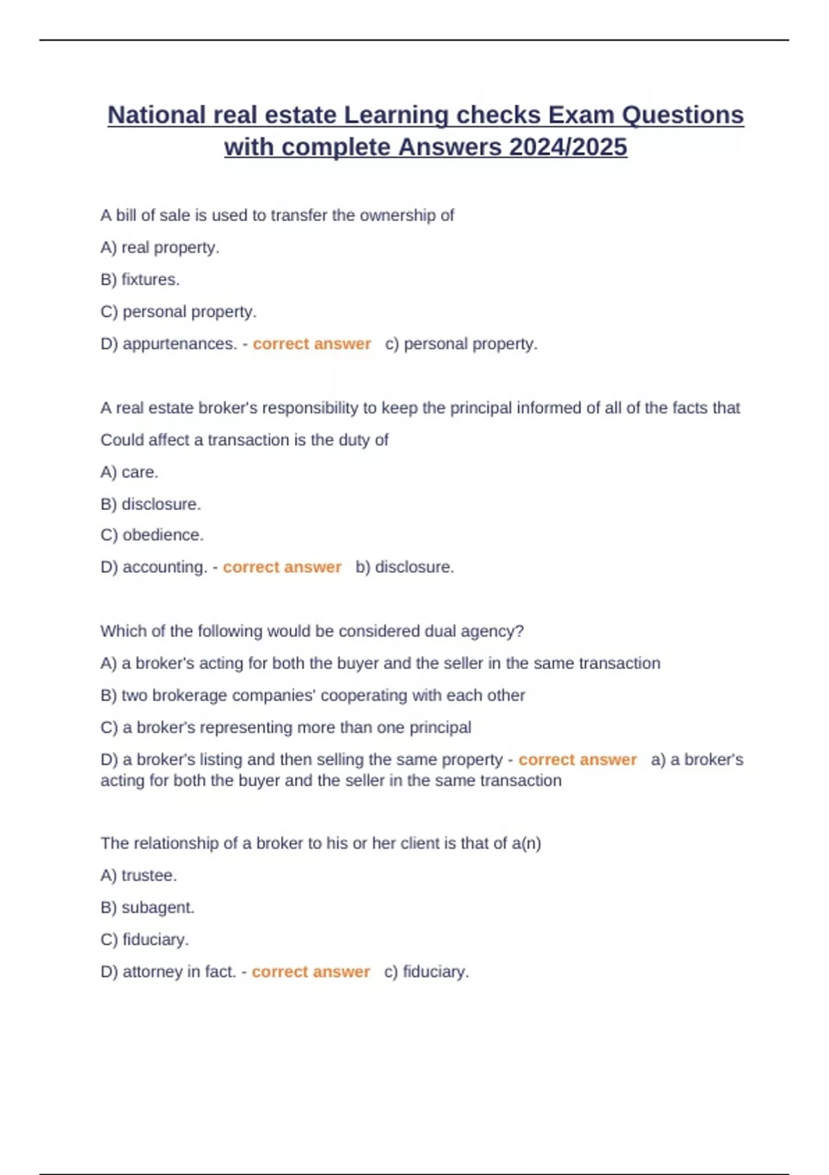 National real estate Learning checks Exam Questions with complete ...