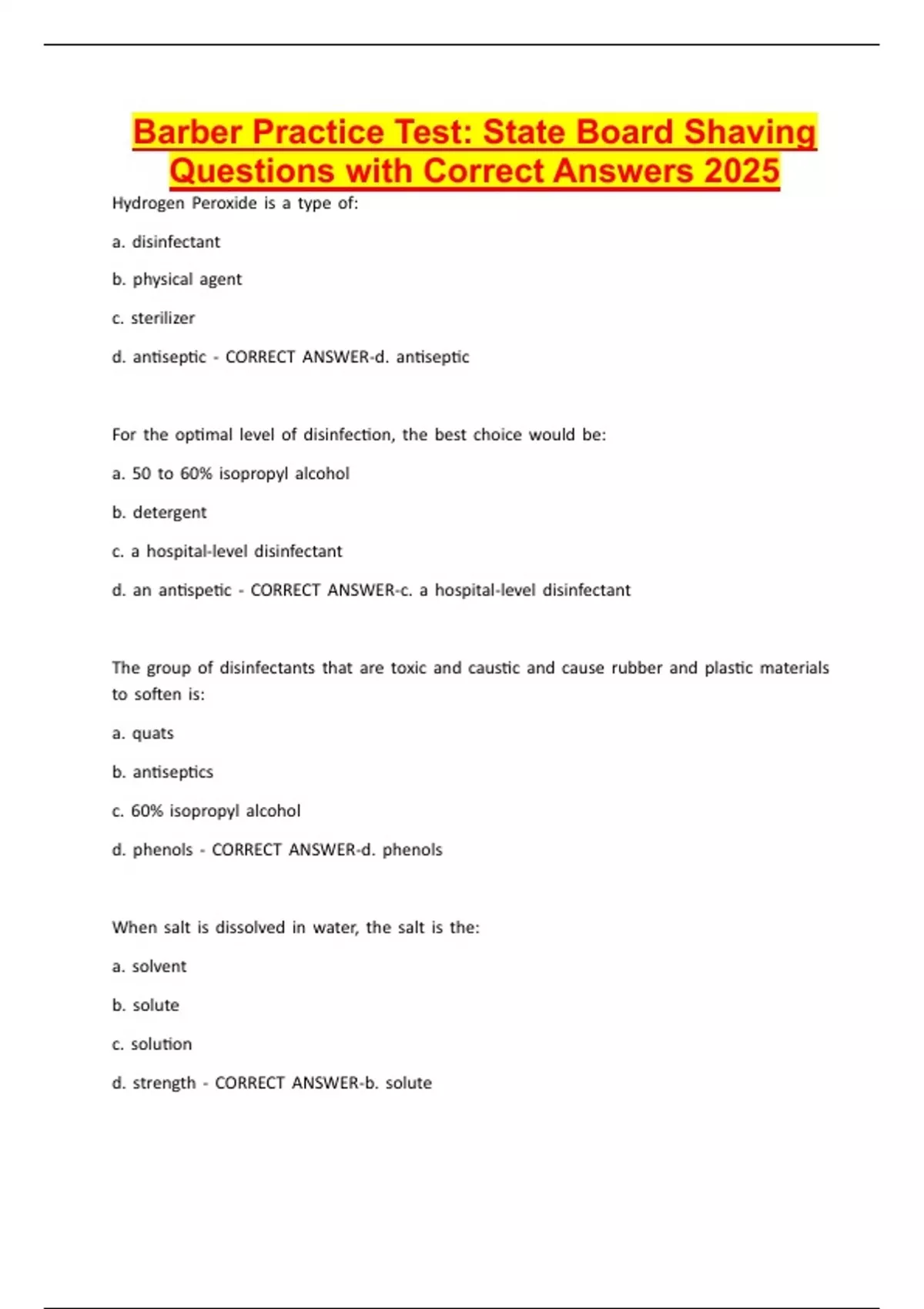 Barber Practice Test, State Board Shaving Questions with Correct ...
