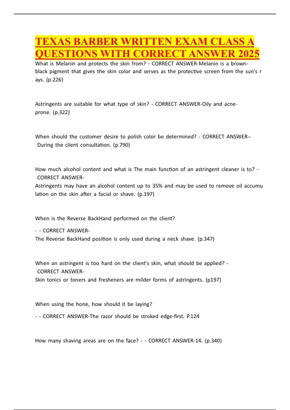TEXAS BARBER WRITTEN EXAM CLASS A QUESTIONS WITH CORRECT ANSWER 2025 ...
