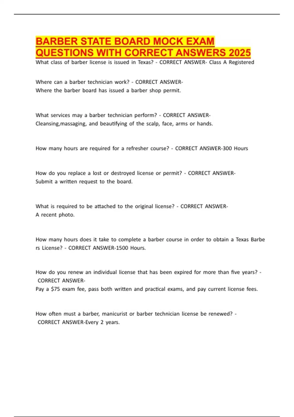 BARBER STATE BOARD MOCK EXAM QUESTIONS WITH CORRECT ANSWERS 2025 ...