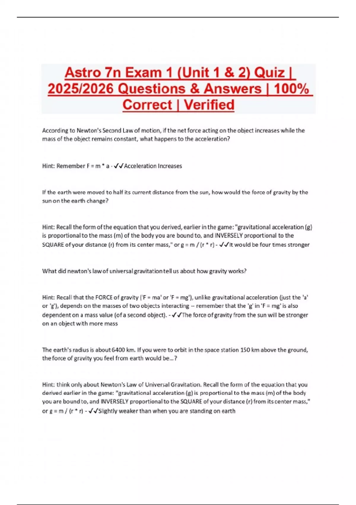 Astro 7n Exam 1 (Unit 1 & 2) Quiz | 2025/2026 Questions & Answers | 100 ...