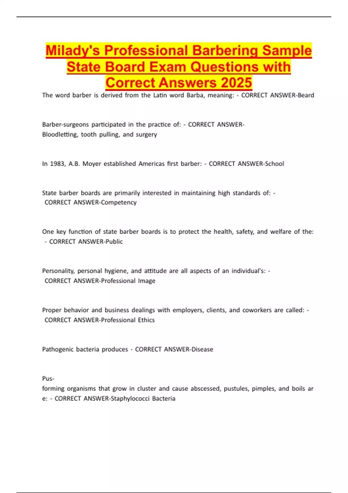 Milady-s Professional Barbering Sample State Board Exam Questions with ...