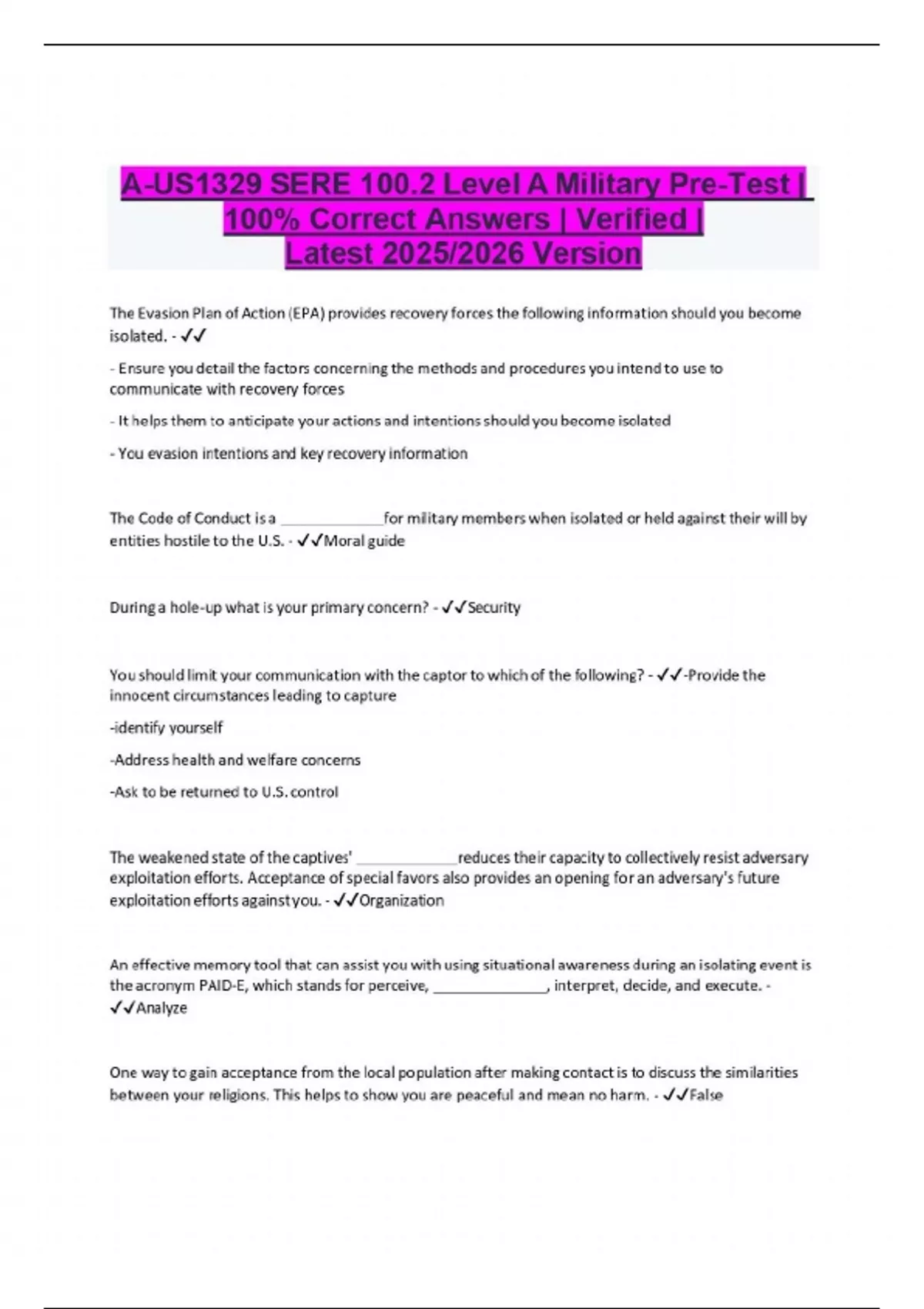 A-US1329 SERE 100.2 Level A Military Pre-Test | 100% Correct Answers ...