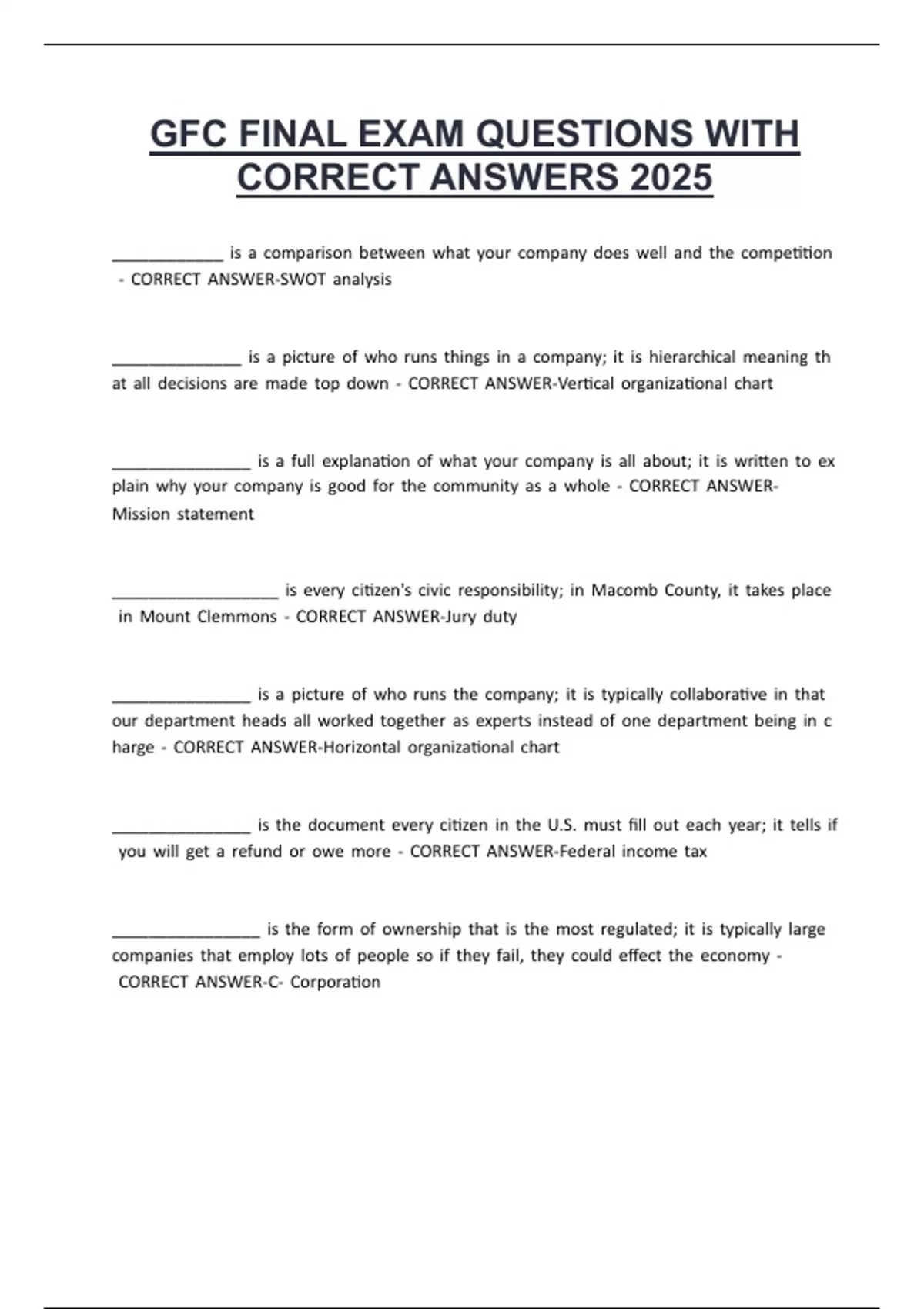 GFC FINAL EXAM QUESTIONS WITH CORRECT ANSWERS 2025 - GFC - Stuvia US