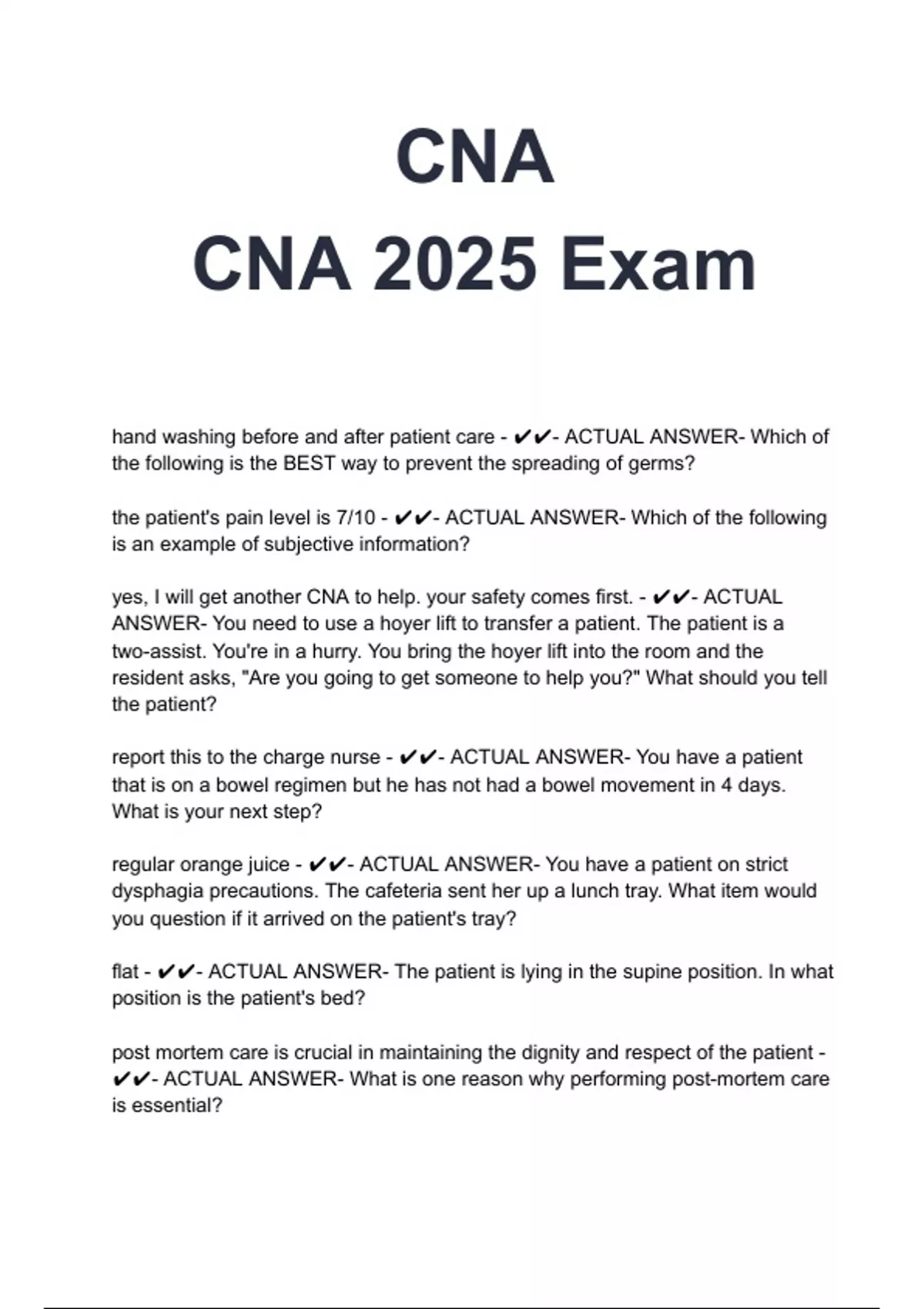 CNA 2025 Exam Questions with Verified Answers Rated A+ - CNA EXM 2025 ...
