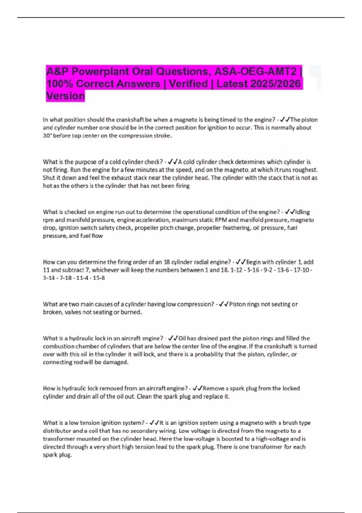 A&P Powerplant Oral Questions, ASA-OEG-AMT2 | 100% Correct Answers ...