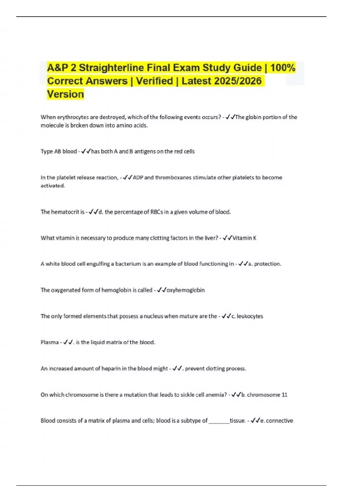 A&P 2 Straighterline Final Exam Study Guide | 100% Correct Answers ...