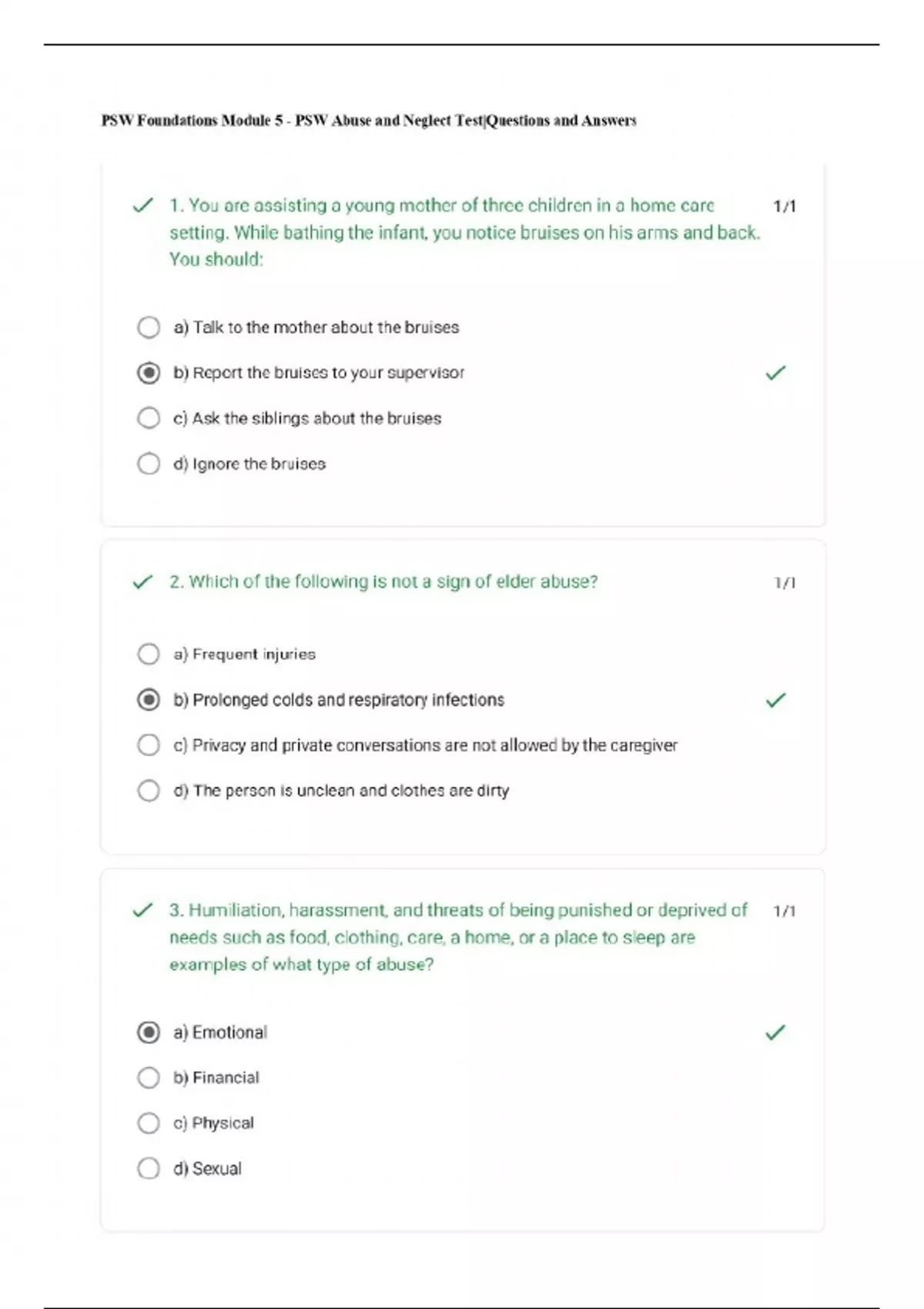 PSW Foundations Module 5 - PSW Abuse and Neglect Test|Questions and ...