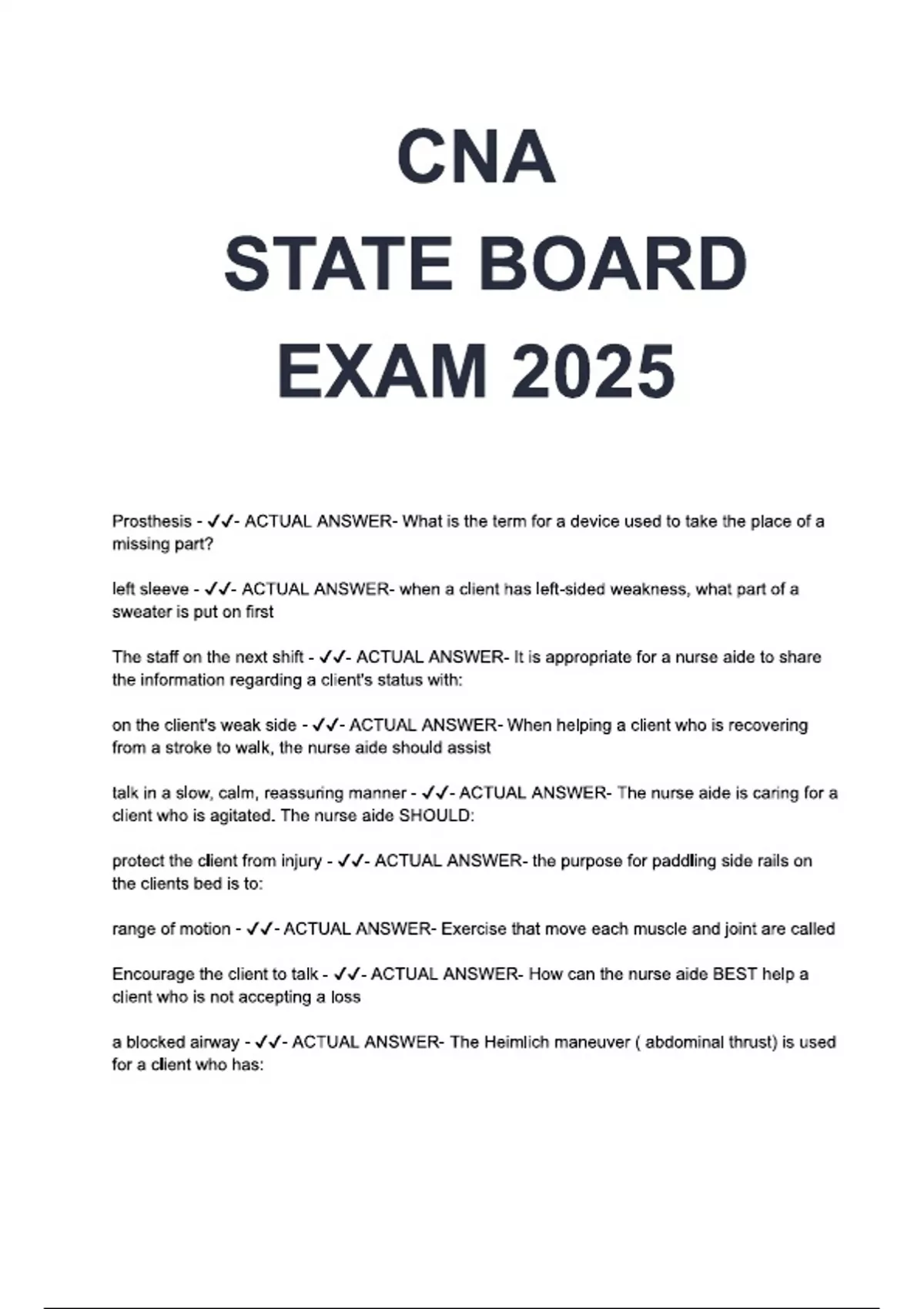 CNA STATE BOARD EXAM 2025 Questions with Verified Answers Rated A+ ...