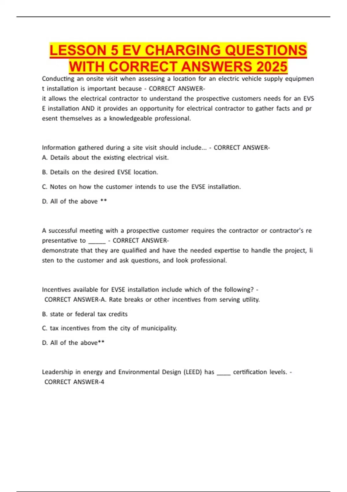 LESSON 5 EV CHARGING QUESTIONS WITH CORRECT ANSWERS 2025 - EVITP ...
