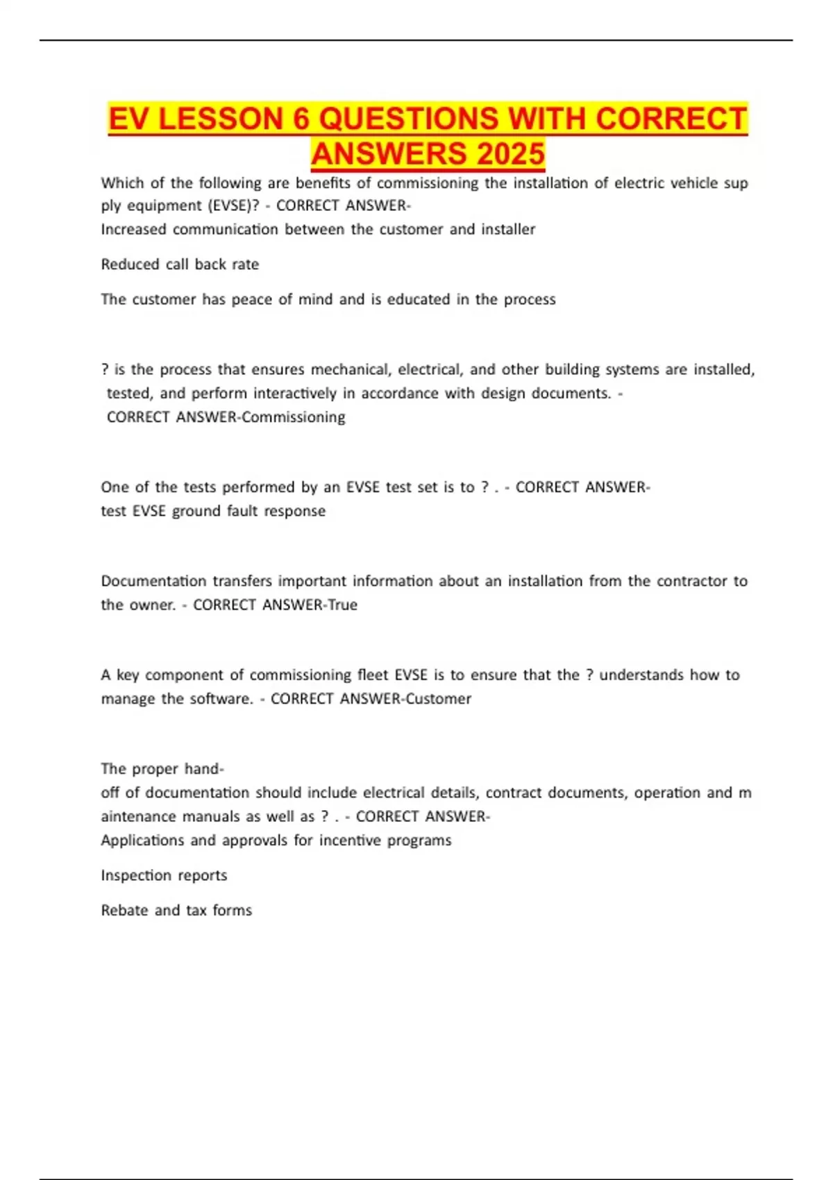 EV LESSON 6 QUESTIONS WITH CORRECT ANSWERS 2025 - EVITP - Stuvia US