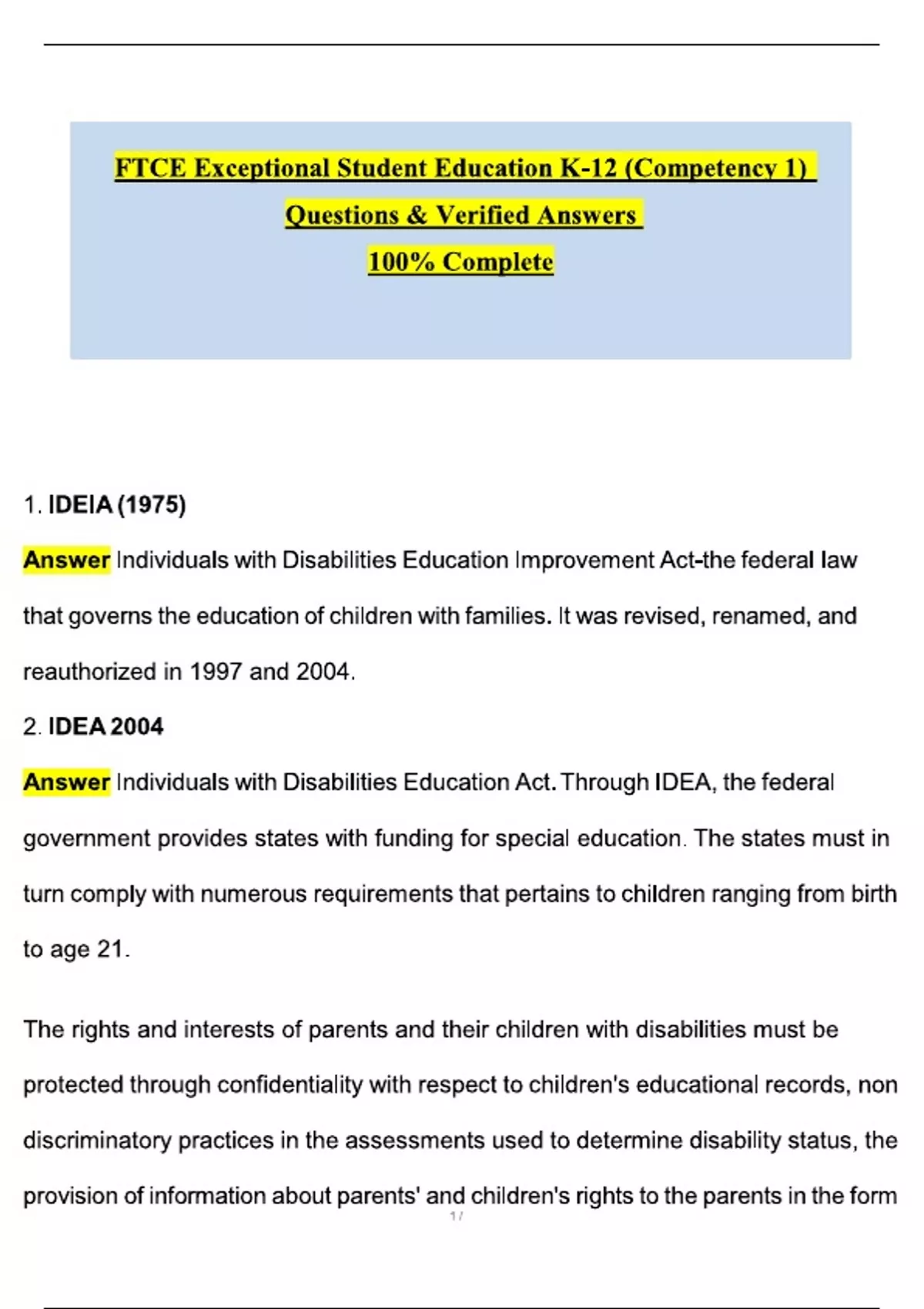 FTCE Exceptional Student Education K-12 (Competency 1) Questions ...