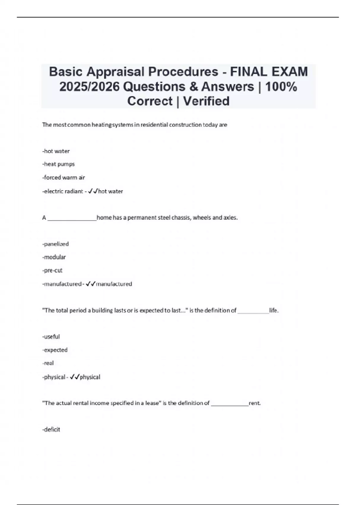 Basic Appraisal Procedures - FINAL EXAM 2025/2026 Questions & Answers | 100% Correct | Verified ...