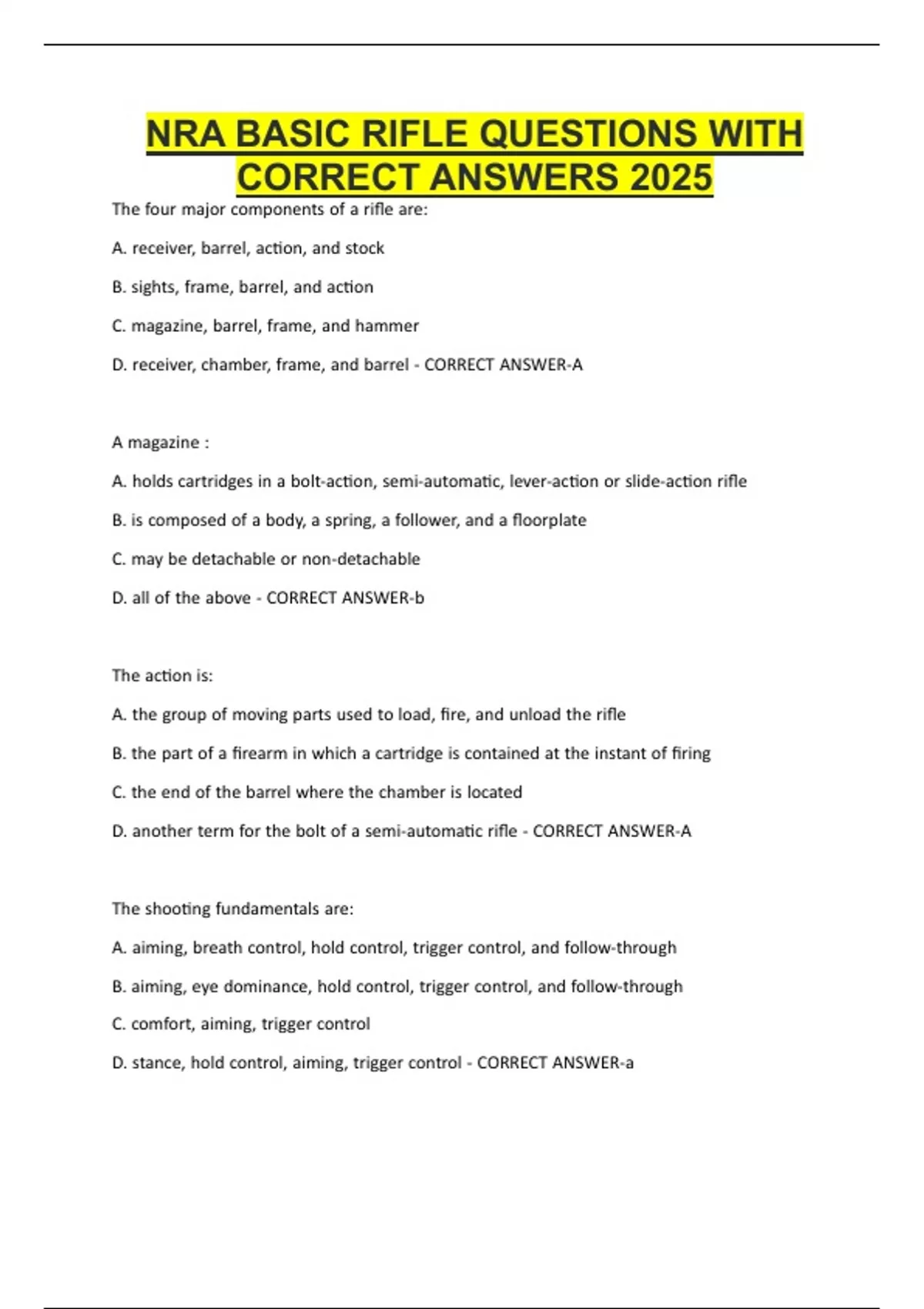 NRA BASIC RIFLE QUESTIONS WITH CORRECT ANSWERS 2025 - NRA Basic Rifle ...