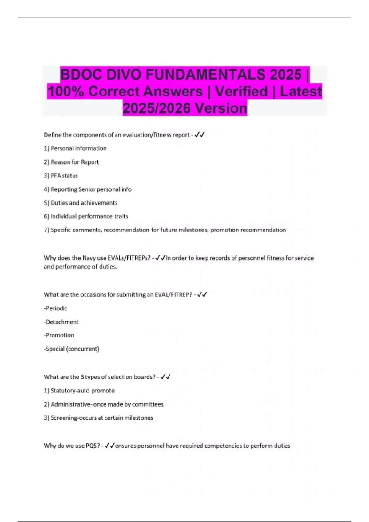 BDOC DIVO FUNDAMENTALS 2025 | 100% Correct Answers | Verified | Latest ...
