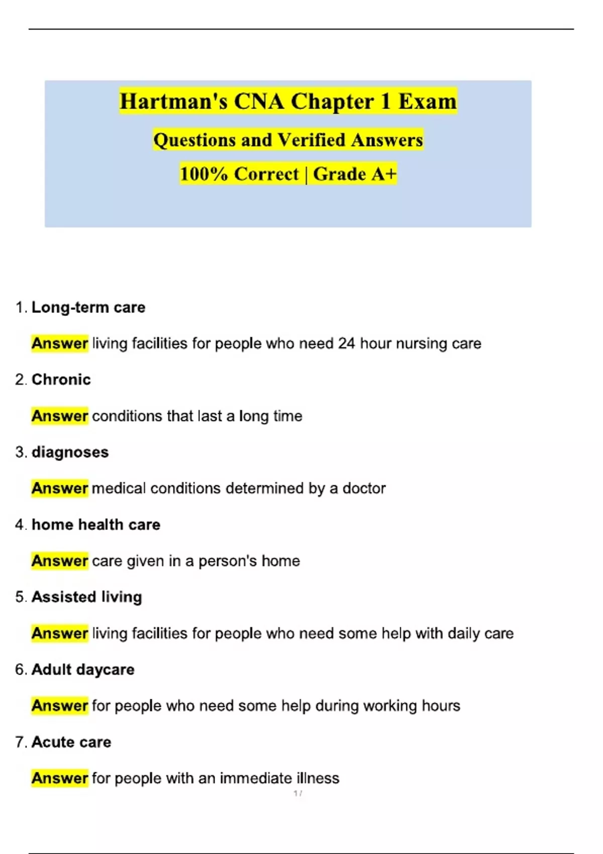 Hartman's CNA Chapter 1 Exam (Latest 2025 / 2026 Update) Questions and ...