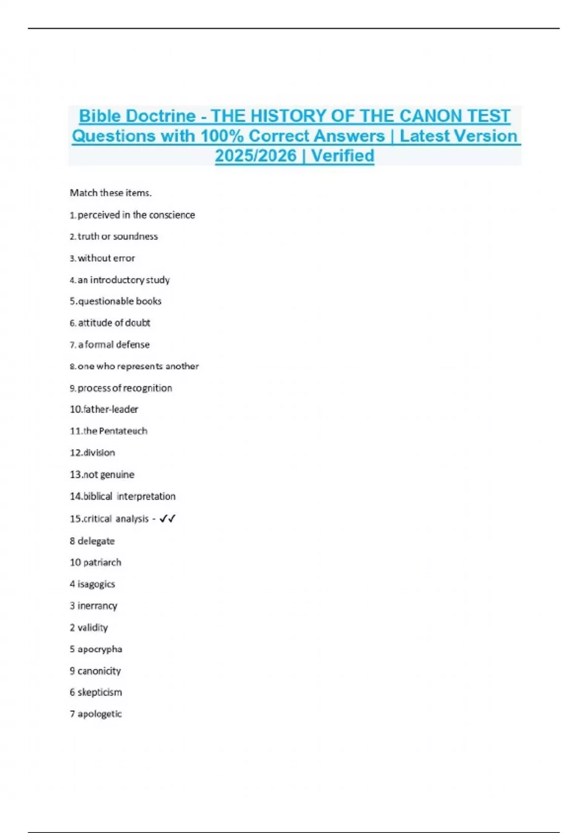 Bible Doctrine - THE HISTORY OF THE CANON TEST Questions with 100% ...