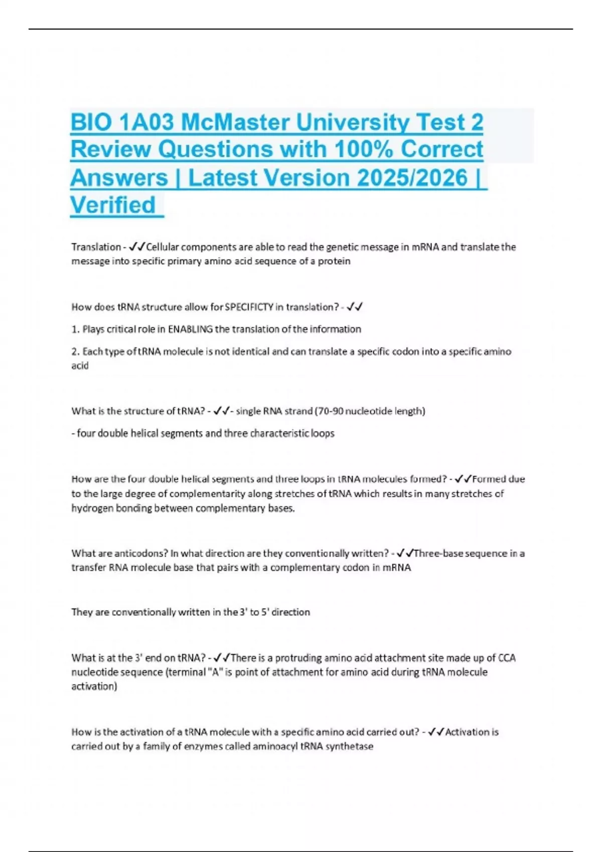 BIO 1A03 McMaster University Test 2 Review Questions with 100% Correct ...