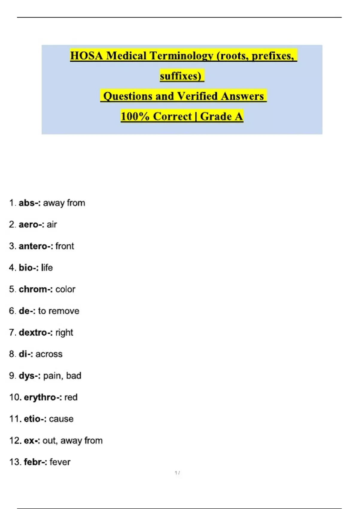 HOSA Medical Terminology (roots, prefixes, suffixes) (2025 / 2026 ...