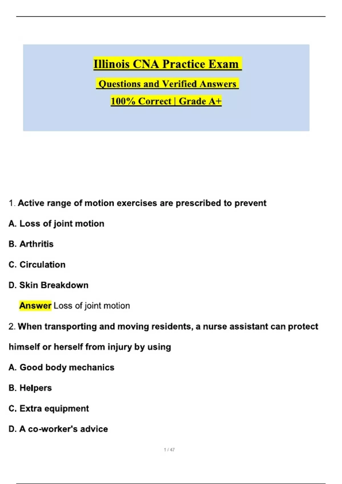 Illinois CNA Practice Exam (2025 / 2026 Update) Questions and Verified ...