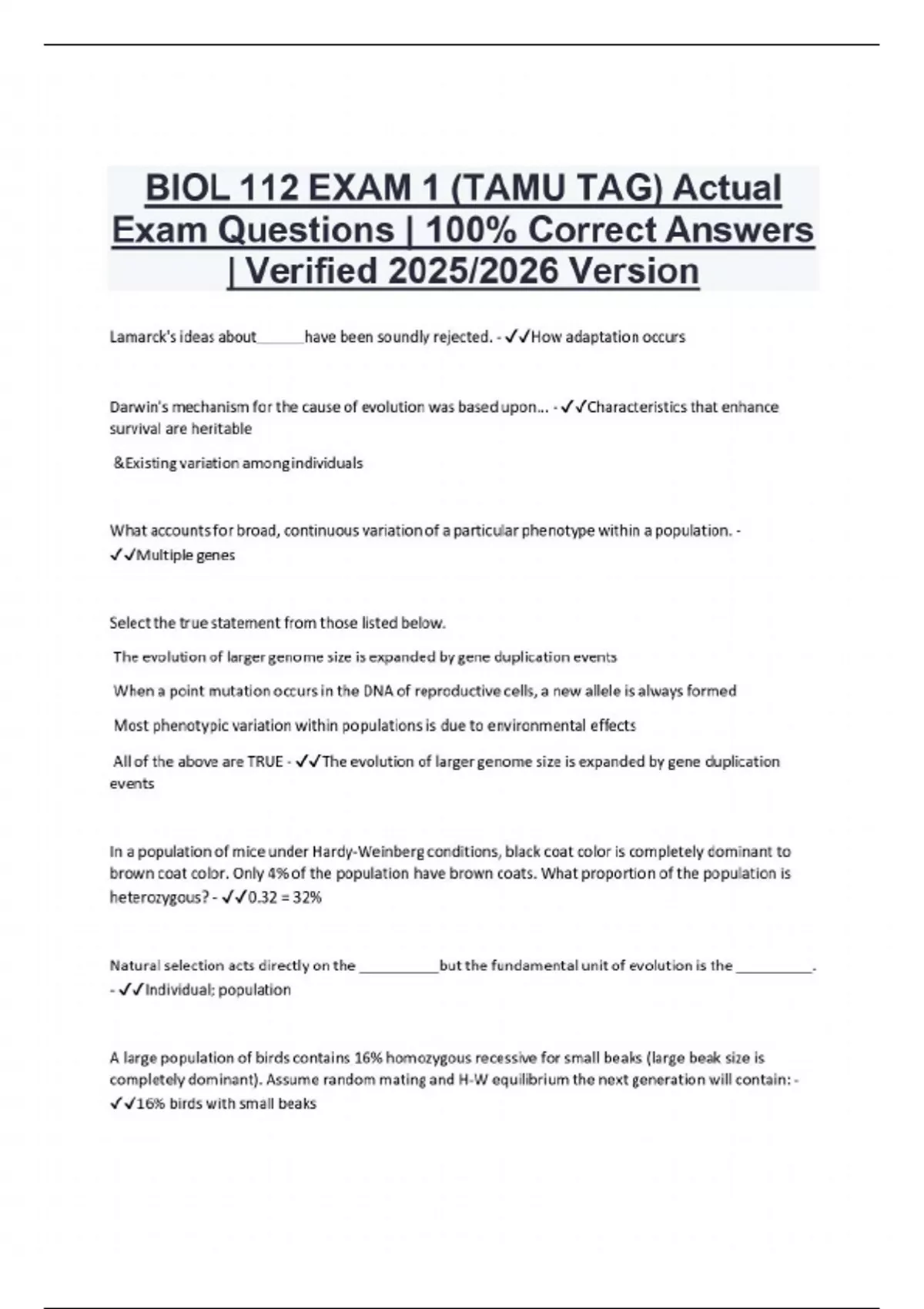 BIOL 112 EXAM 1 (TAMU TAG) Actual Exam Questions | 100% Correct Answers ...