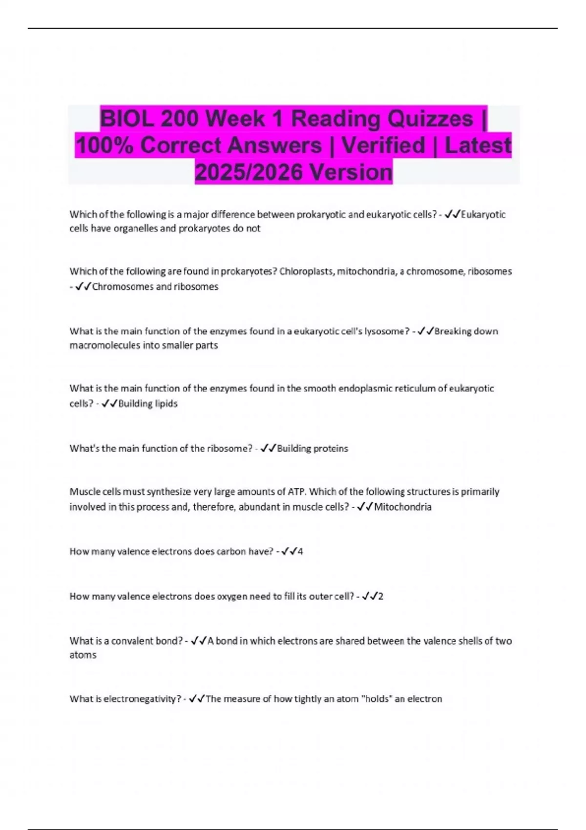 BIOL 200 Week 1 Reading Quizzes | 100% Correct Answers | Verified ...