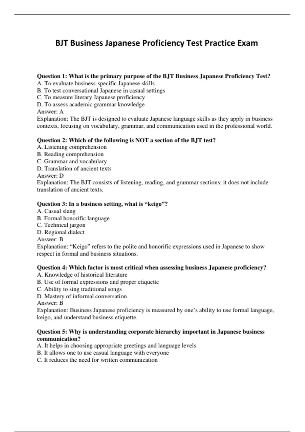 BJT Business Japanese Proficiency Test Practice Exam - Computers ...