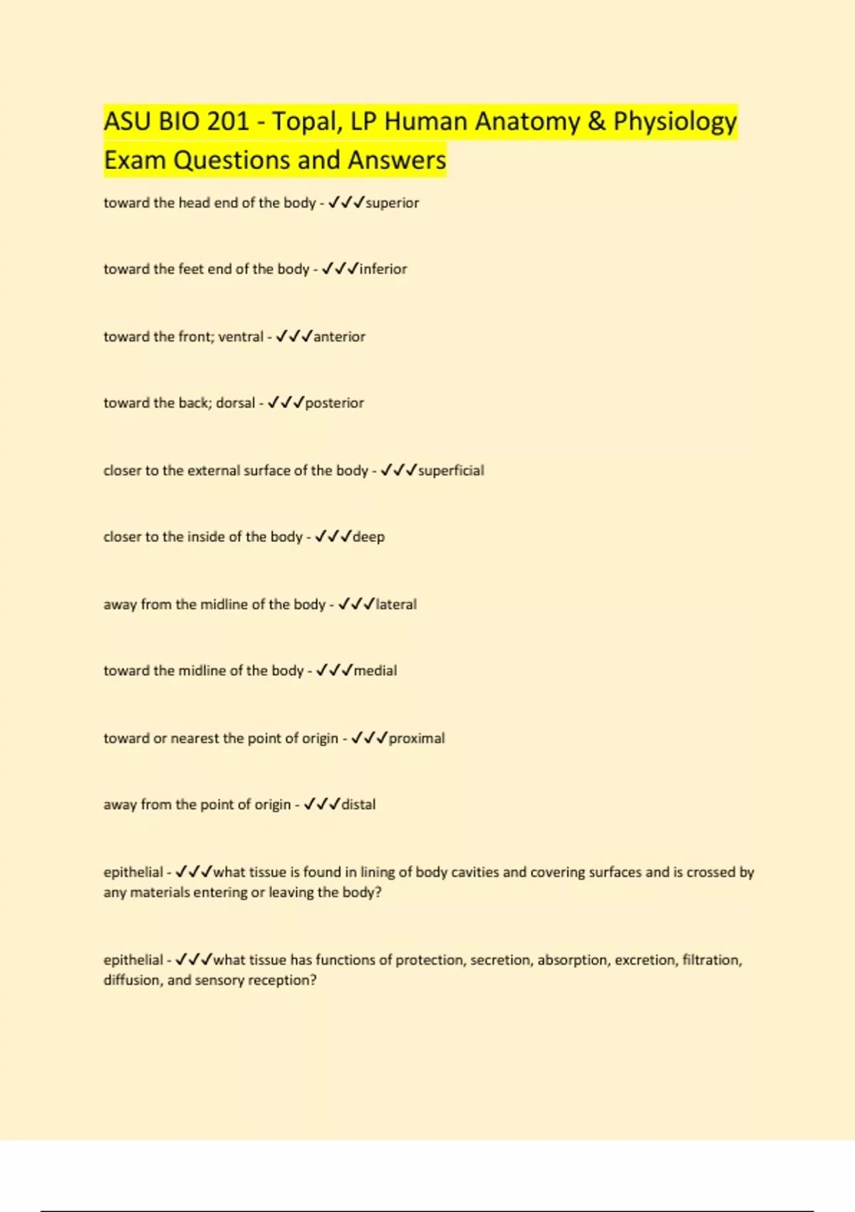 ASU BIO 201 - Topal, LP Human Anatomy & Physiology Exam Questions and ...